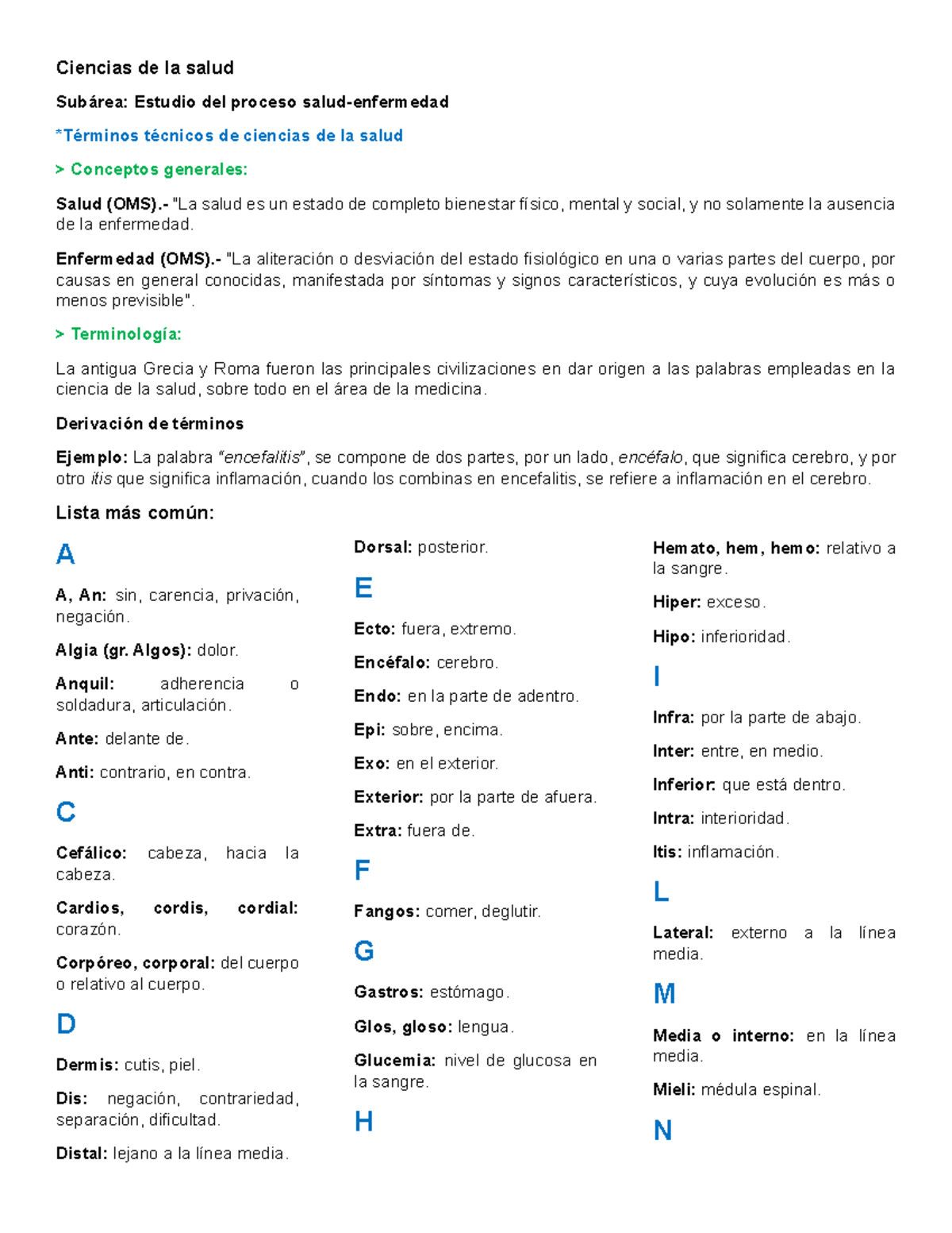 Terminología médica - Ciencias de la salud Subárea: Estudio del proceso salud-enfermedad ...