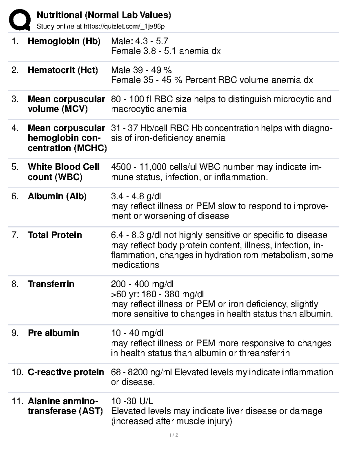 Who3 - Lecture notes - Nutritional (Normal Lab Values) Study online at ...