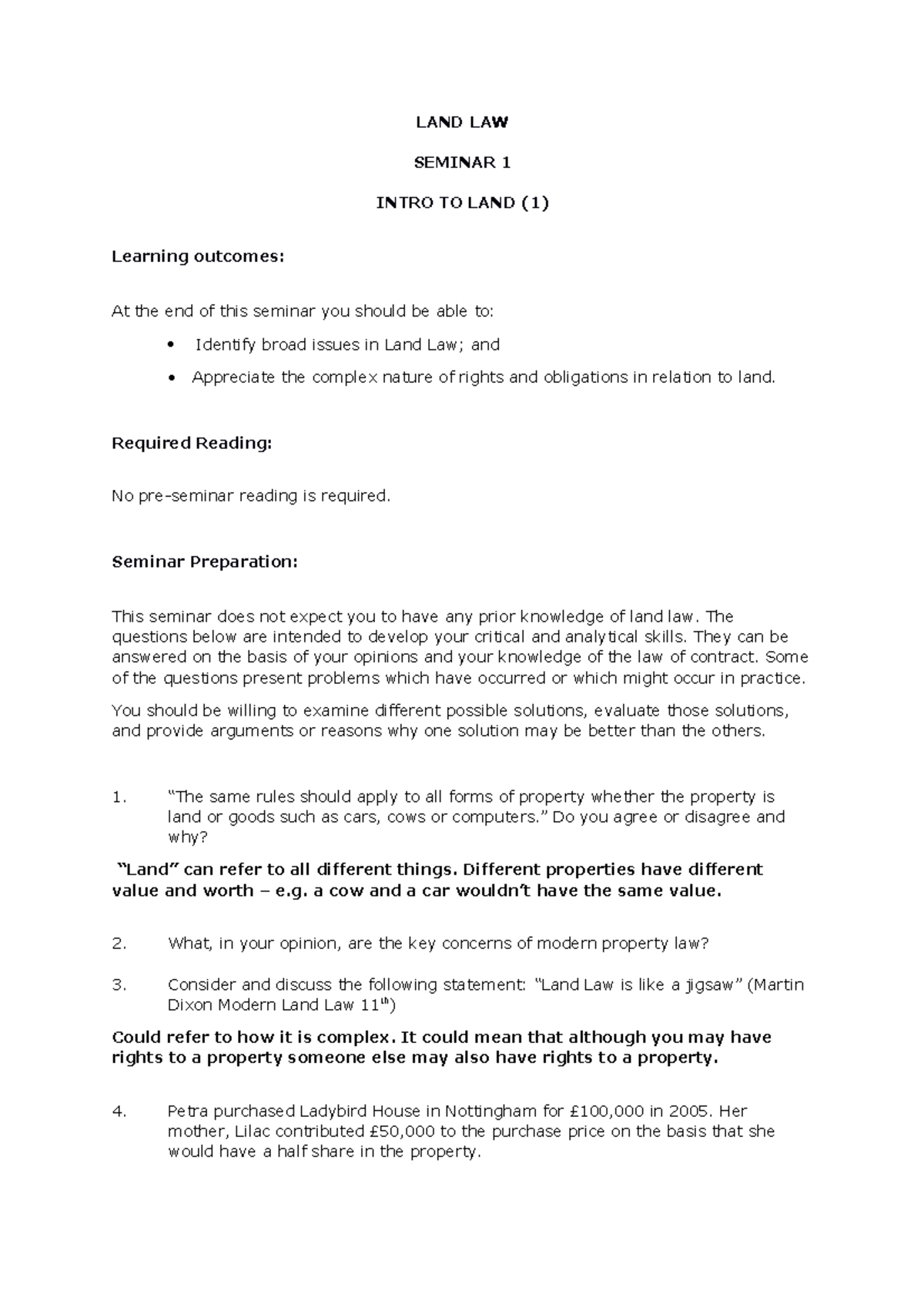Seminar 1 - Intro to Land - LAND LAW SEMINAR 1 INTRO TO LAND (1 ...