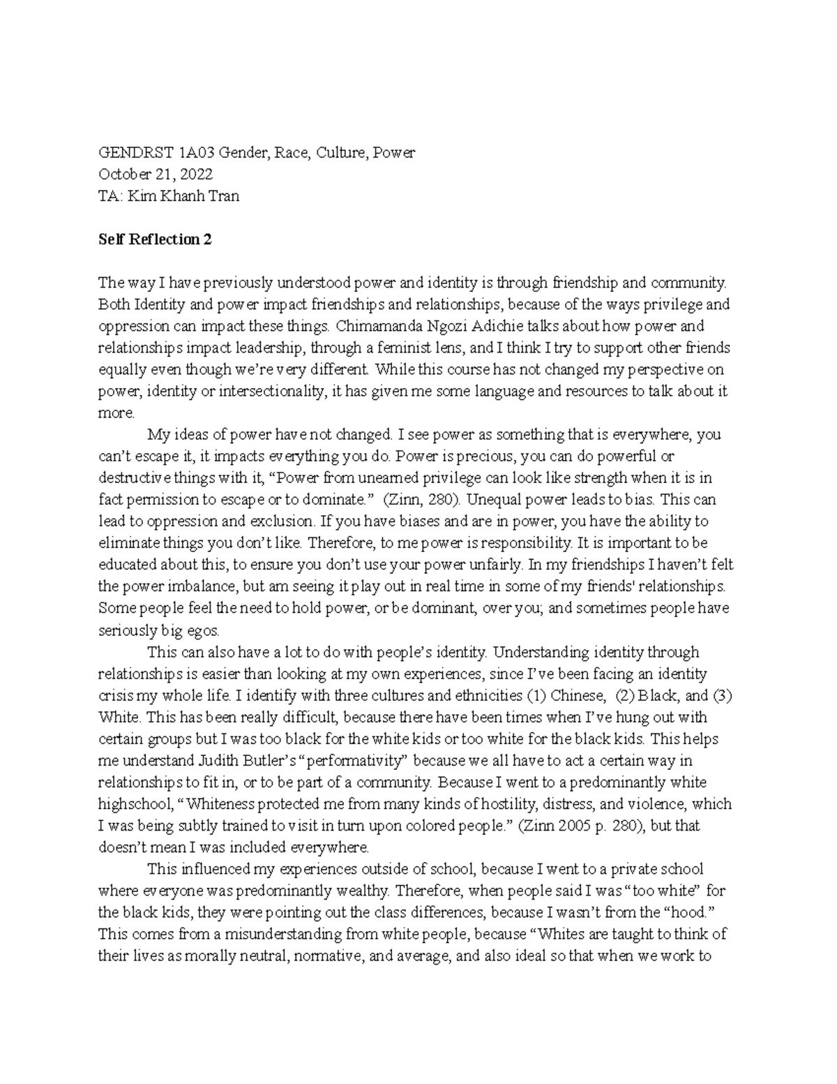 Self-Reflection 2 Assignment - GENDRST 1A03 Gender, Race, Culture ...