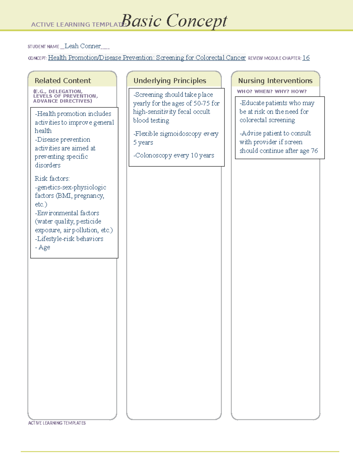 Basic Concept Template 1 - STUDENT NAME Leah Conner__ CONCEPT: Health ...