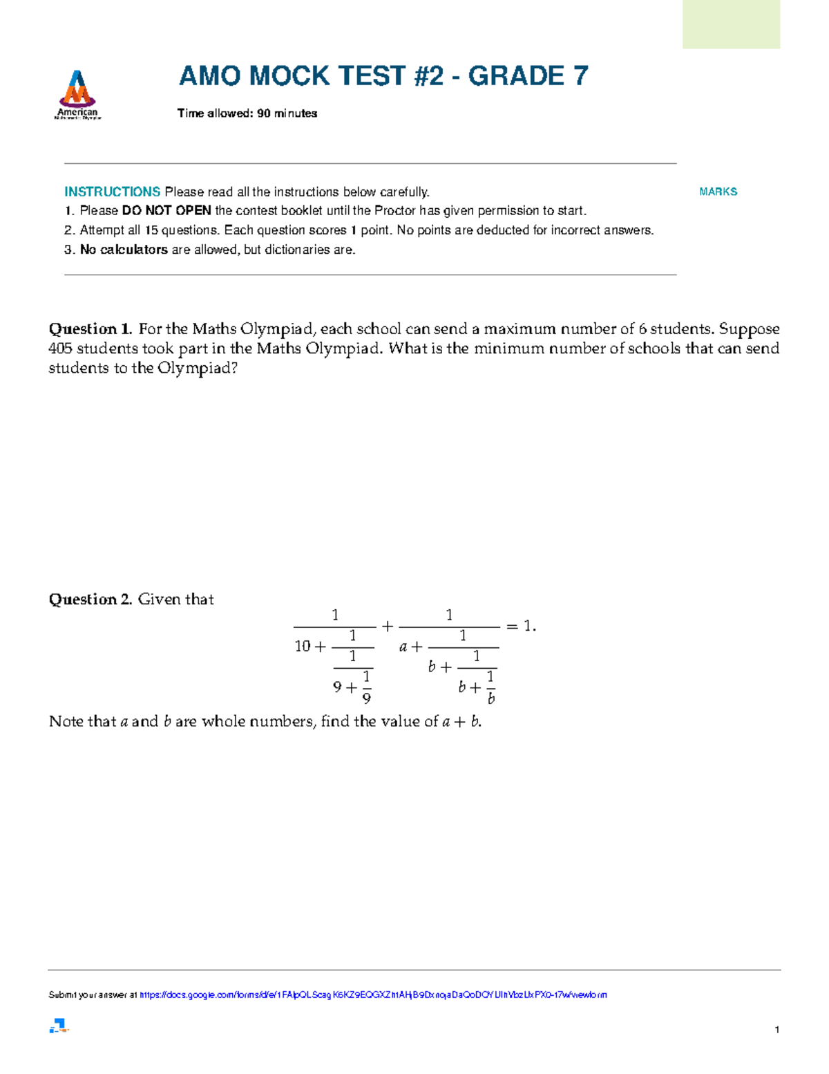 Amo-mock-test-2-grade-7 compress - AMO MOCK TEST #2 - GRADE 7 Time ...