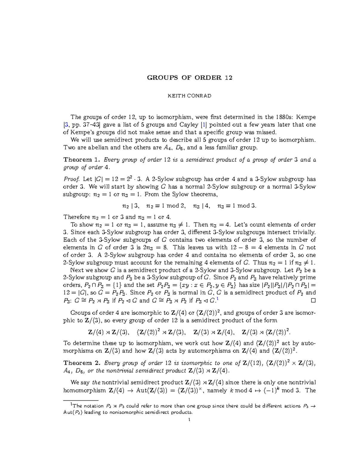 Group 12 - NOTES FOR COURSE - GROUPS OF ORDER 12 KEITH CONRAD The ...