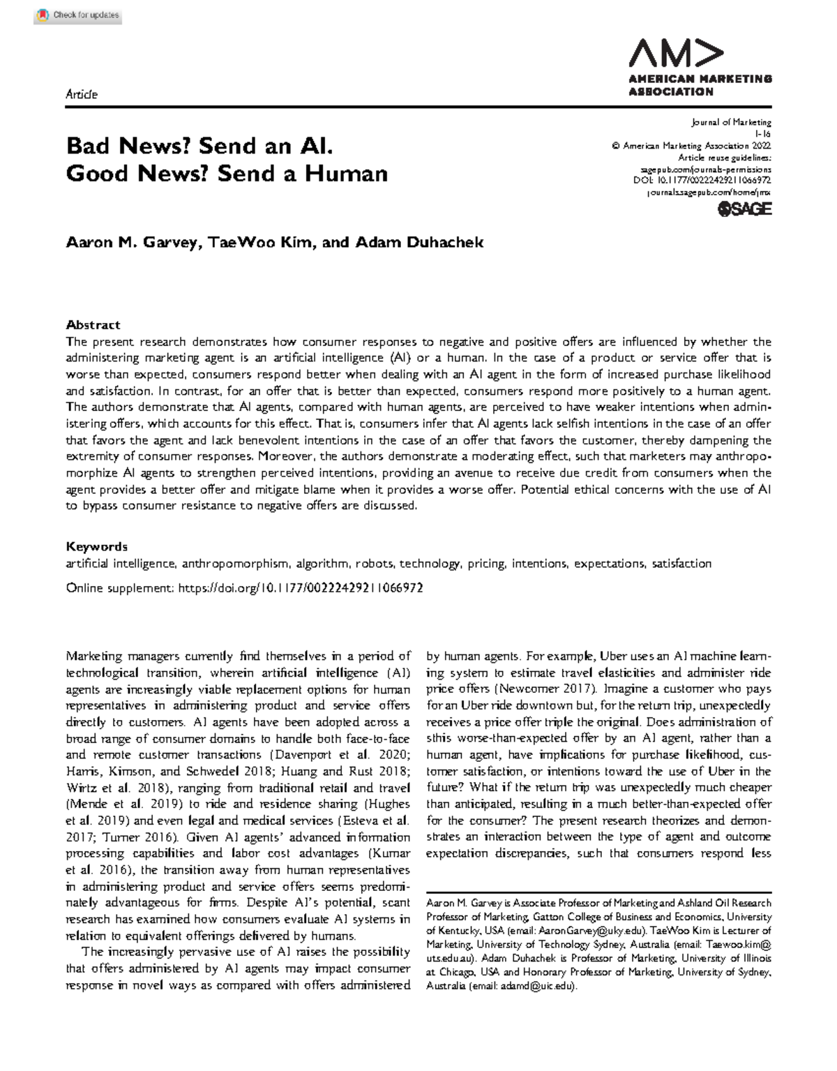 Bad News Send an AI - Good News? Send a Human Aaron M. Garvey, TaeWoo ...