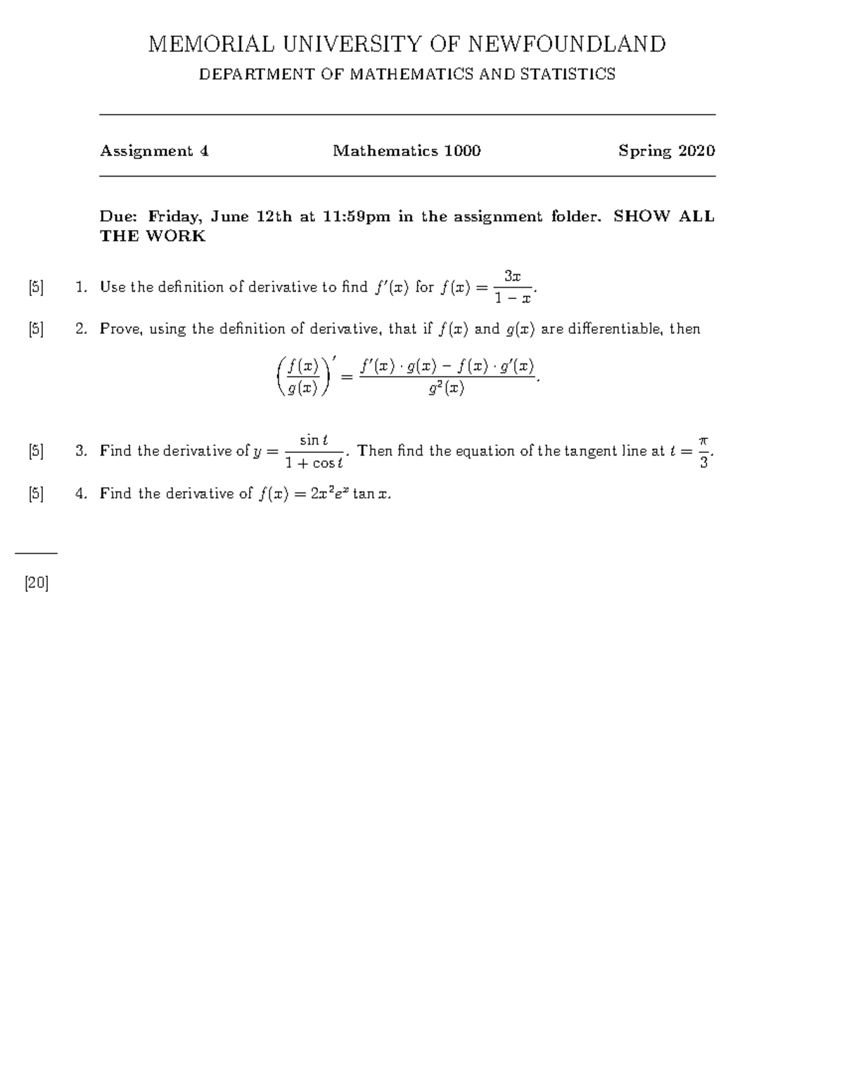 math work week four - Math 1000 - Memorial University - Studocu