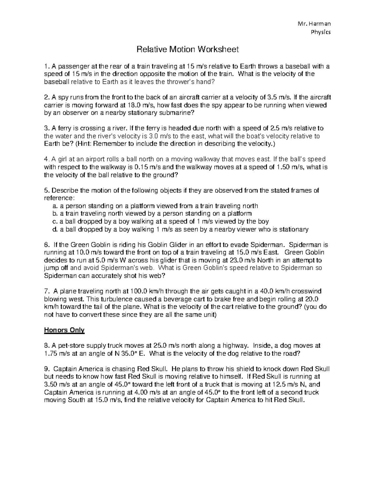 WS Relative Motion A - Welcome - Mr. Harman Physics Relative Motion ...