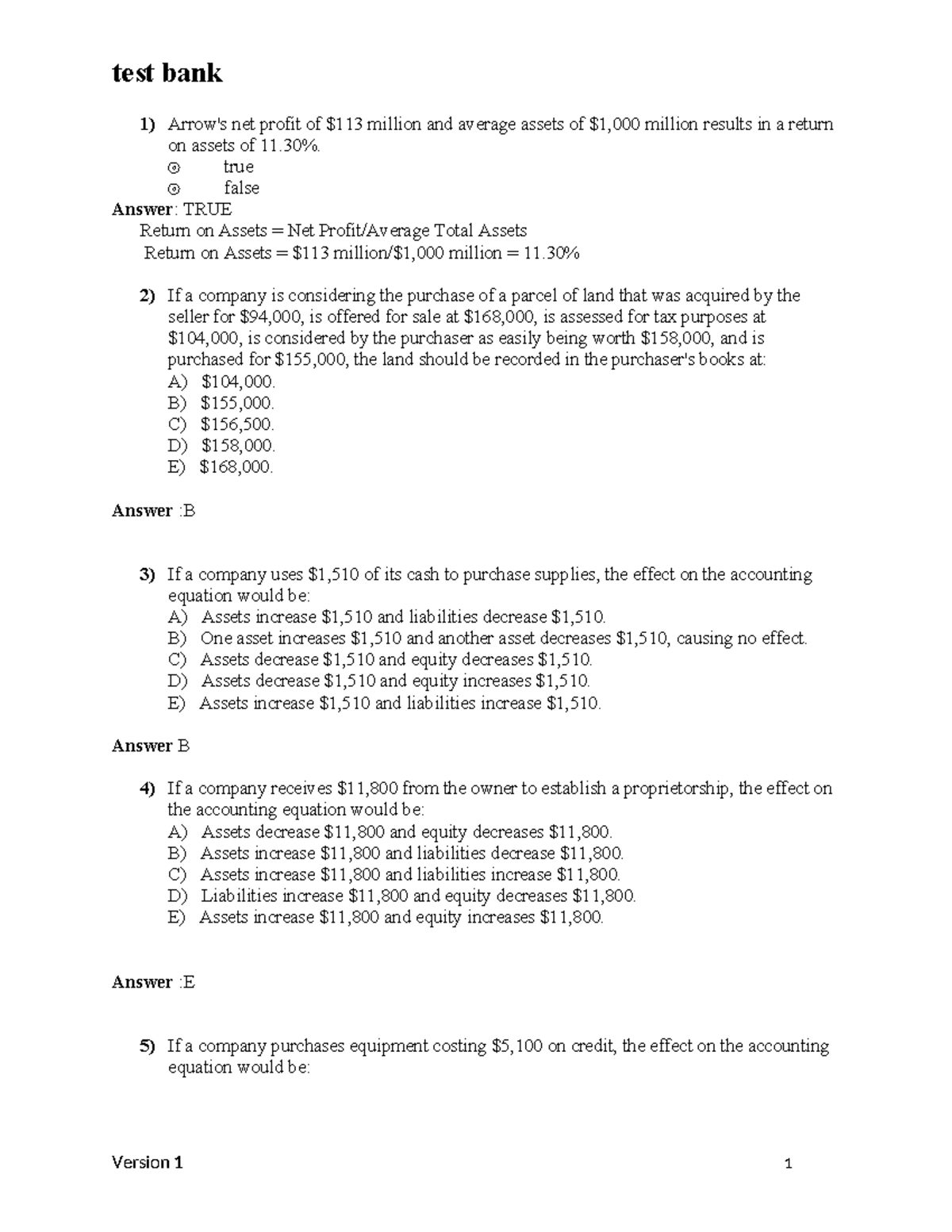 Test Bank 1 version 1 - Fundamental Accounting Principles Chapter 1 ...