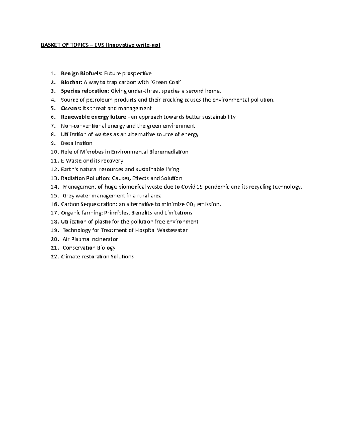 EVS - Innovative Writeup - BASKET OF TOPICS – EVS (Innovative write-up) 1. Benign Biofuels ...