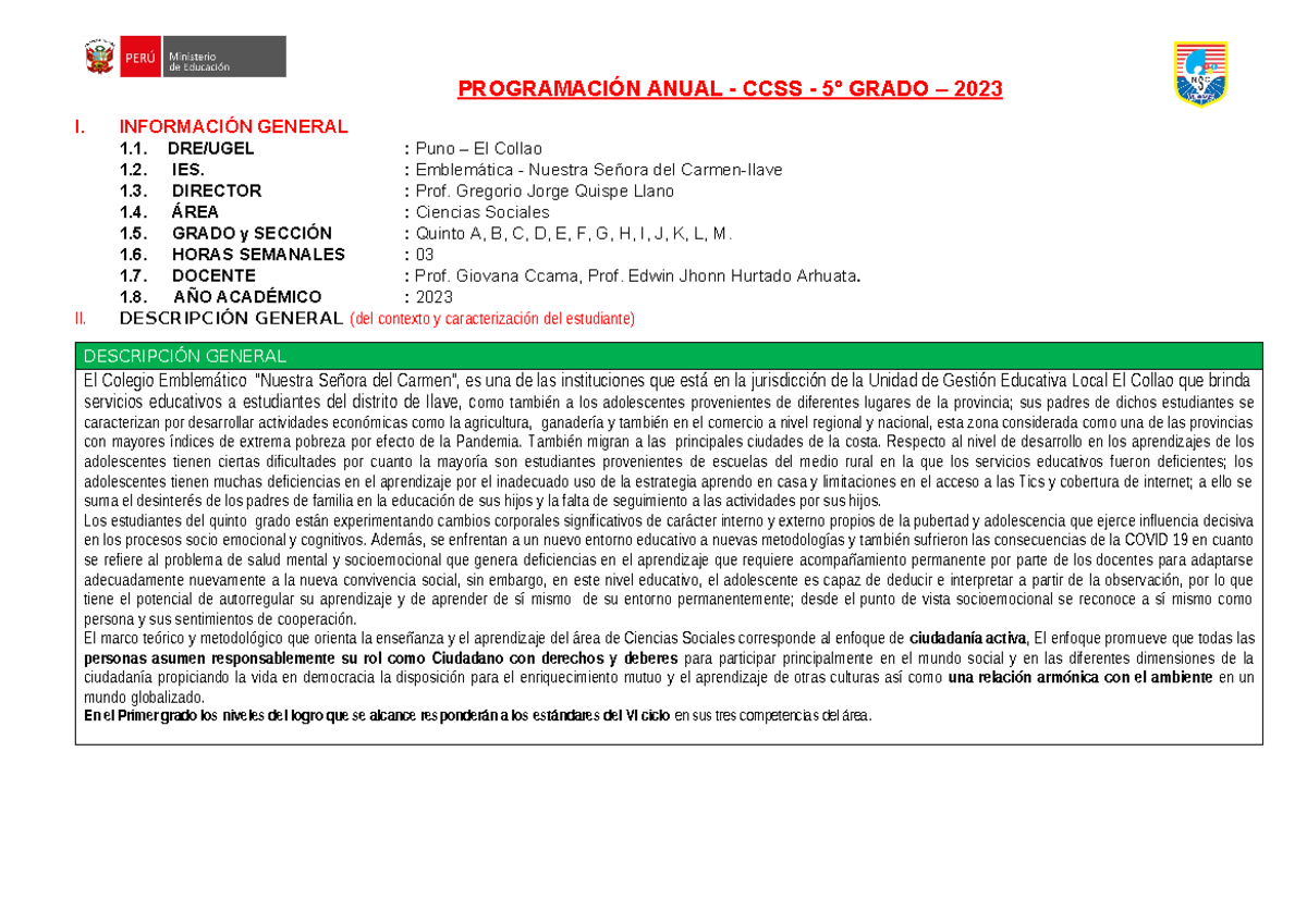 Plan anual CCSS quinto 2022 para la Institución - PROGRAMACIÓN ANUAL - CCSS - 5° GRADO – 2023 I ...