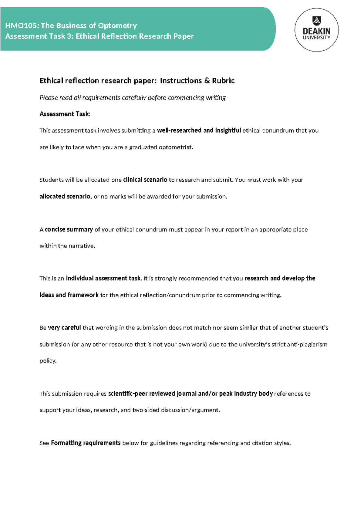2023 HMO105 AT3 Ethical Reflection Instructions and Rubric-Copy ...