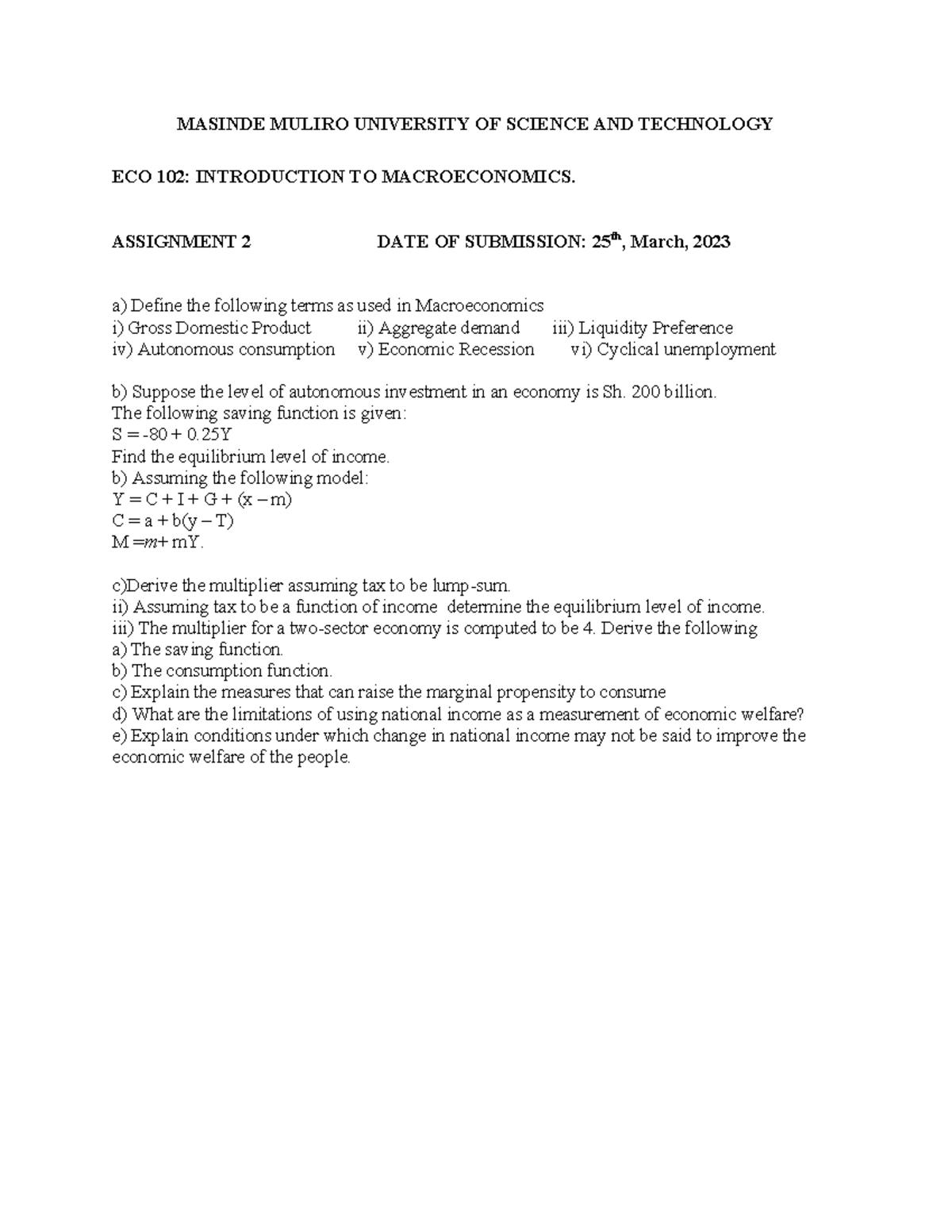 ECO 102 Assignment 2 - MASINDE MULIRO UNIVERSITY OF SCIENCE AND TECHNOLOGY ECO 102: INTRODUCTION ...