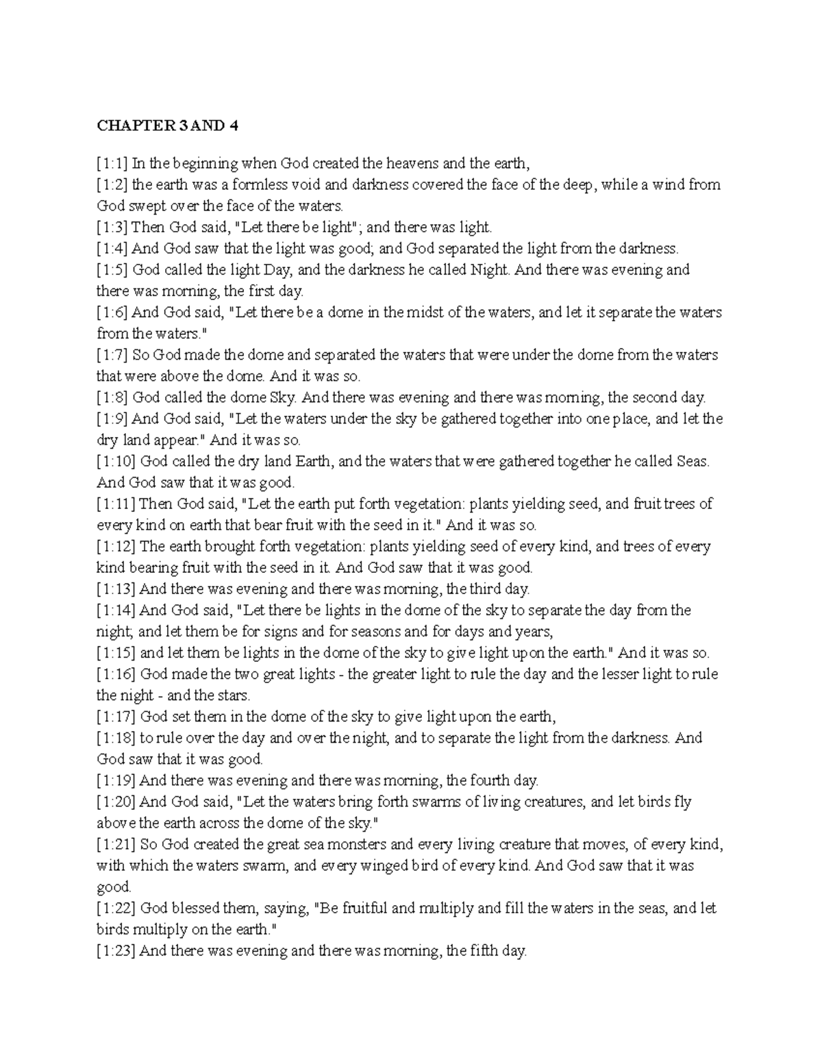Chapter 3 AND 4 OF THE Bible - CHAPTER 3 AND 4 [1:1] In the beginning ...