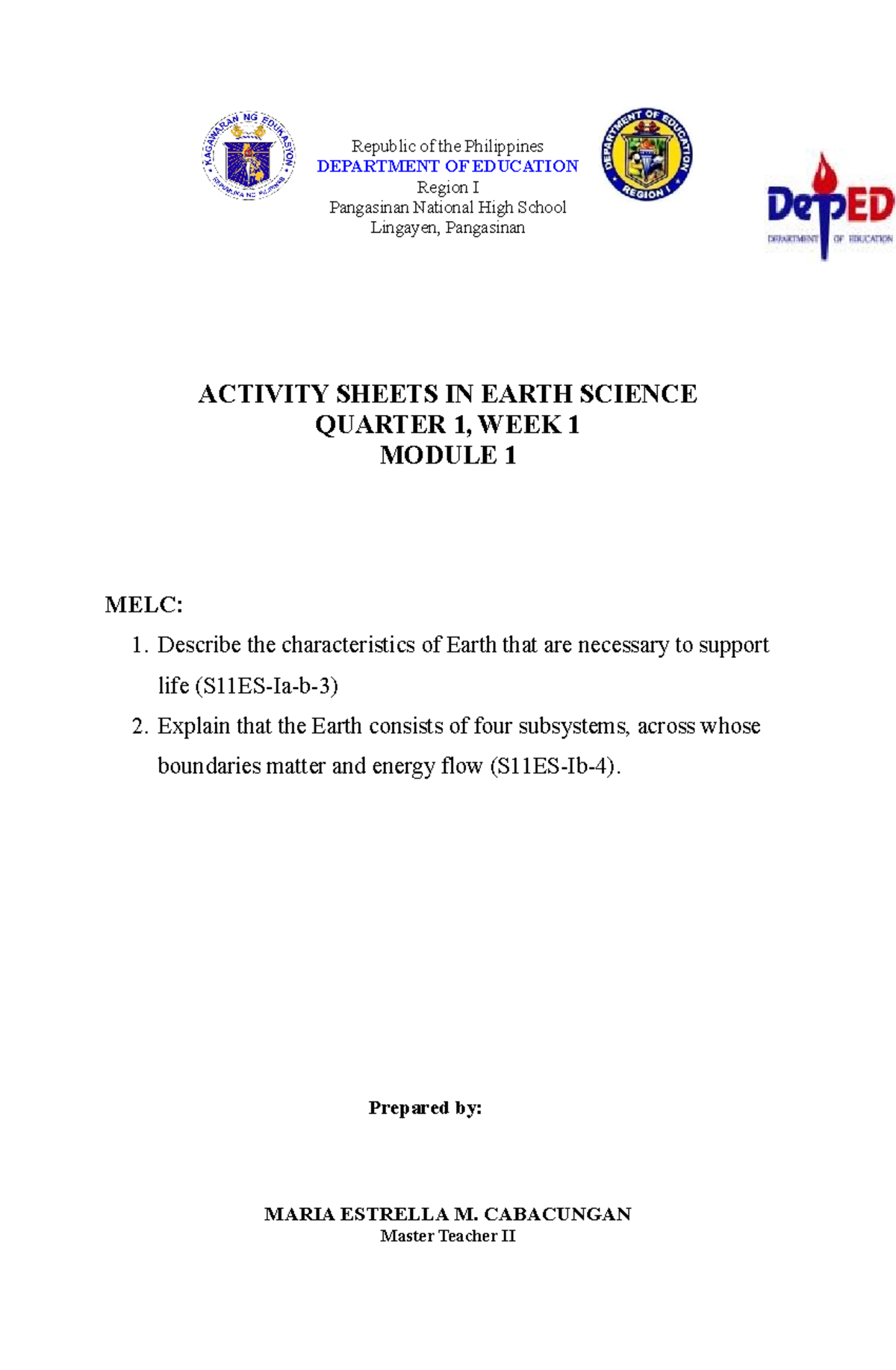 Ildran Jarem Maza - Activity Sheet Module 1 - Republic of the ...