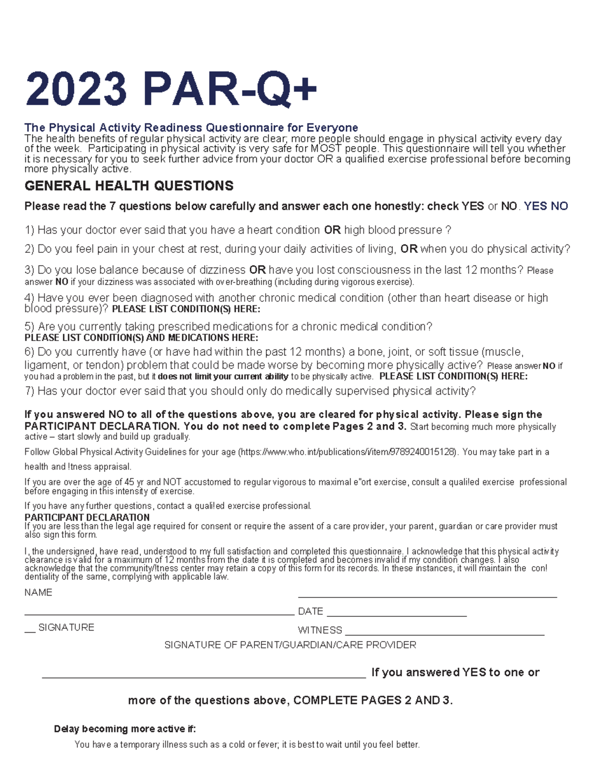 Par Q Plus Jan 2023 Fillable 1 - 2023 PAR-Q+ The Physical Activity Readiness Questionnaire for ...