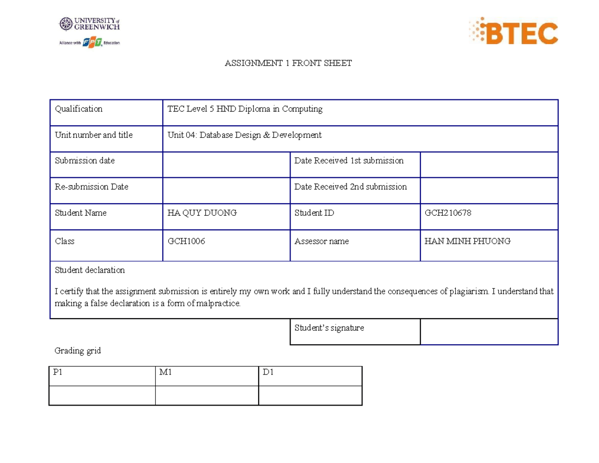 ASM 1 1622 - ddddddddddd - ASSIGNMENT 1 FRONT SHEET Qualification TEC ...