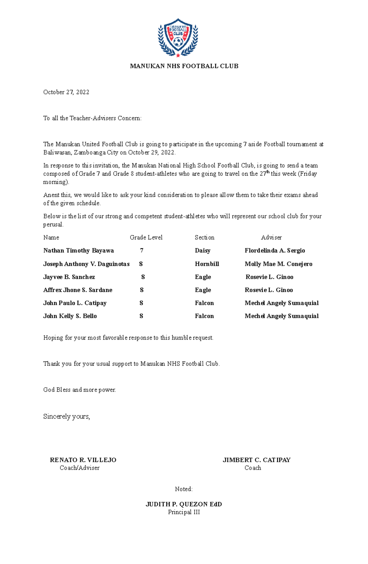 Excuse letter - MANUKAN NHS FOOTBALL CLUB October 27, 2022 To all the ...