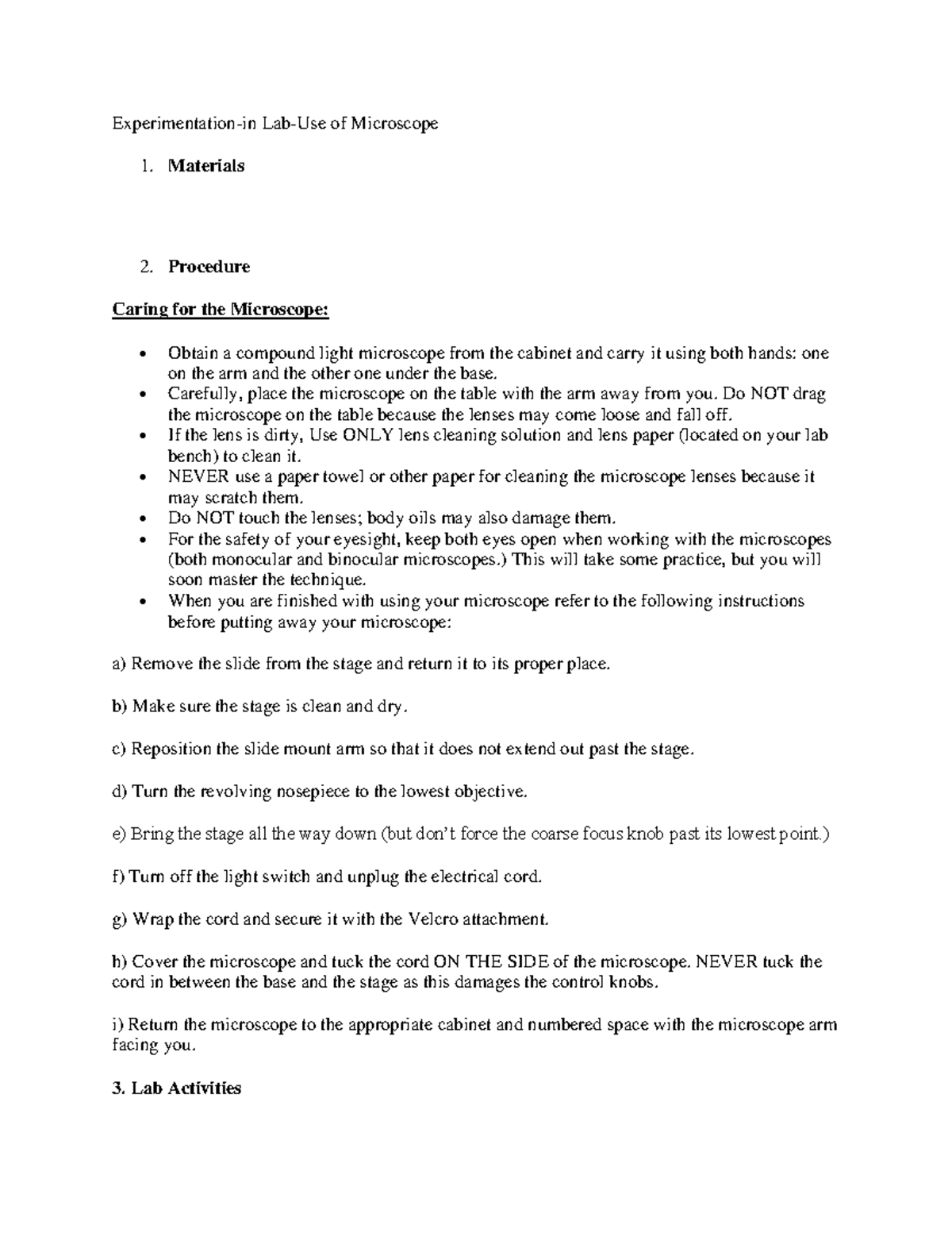 Microscopy Labreport rida - Experimentation-in Lab-Use of Microscope 1 ...