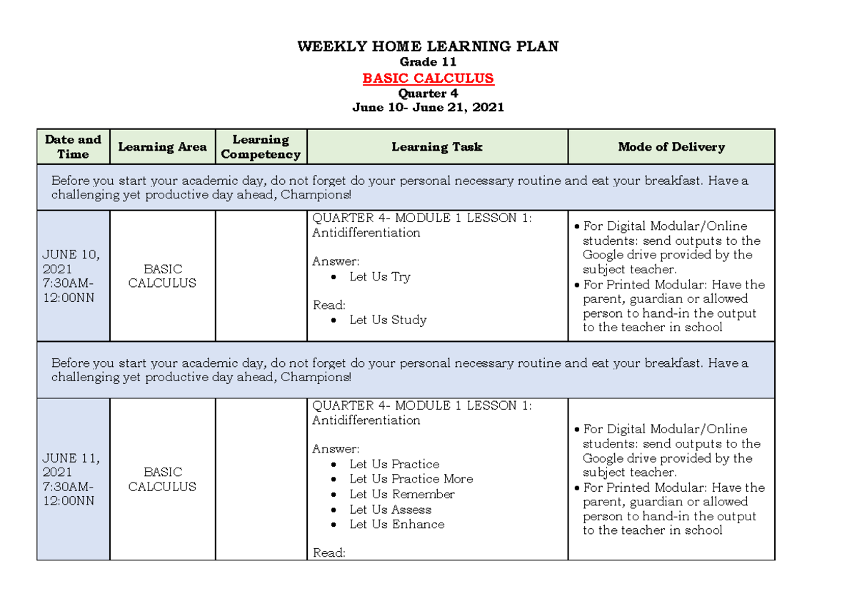 Weekly HOME Learning PLAN Q4 JUNE 10 JUNE 21 - WEEKLY HOME LEARNING PLAN Grade 11 BASIC CALCULUS ...