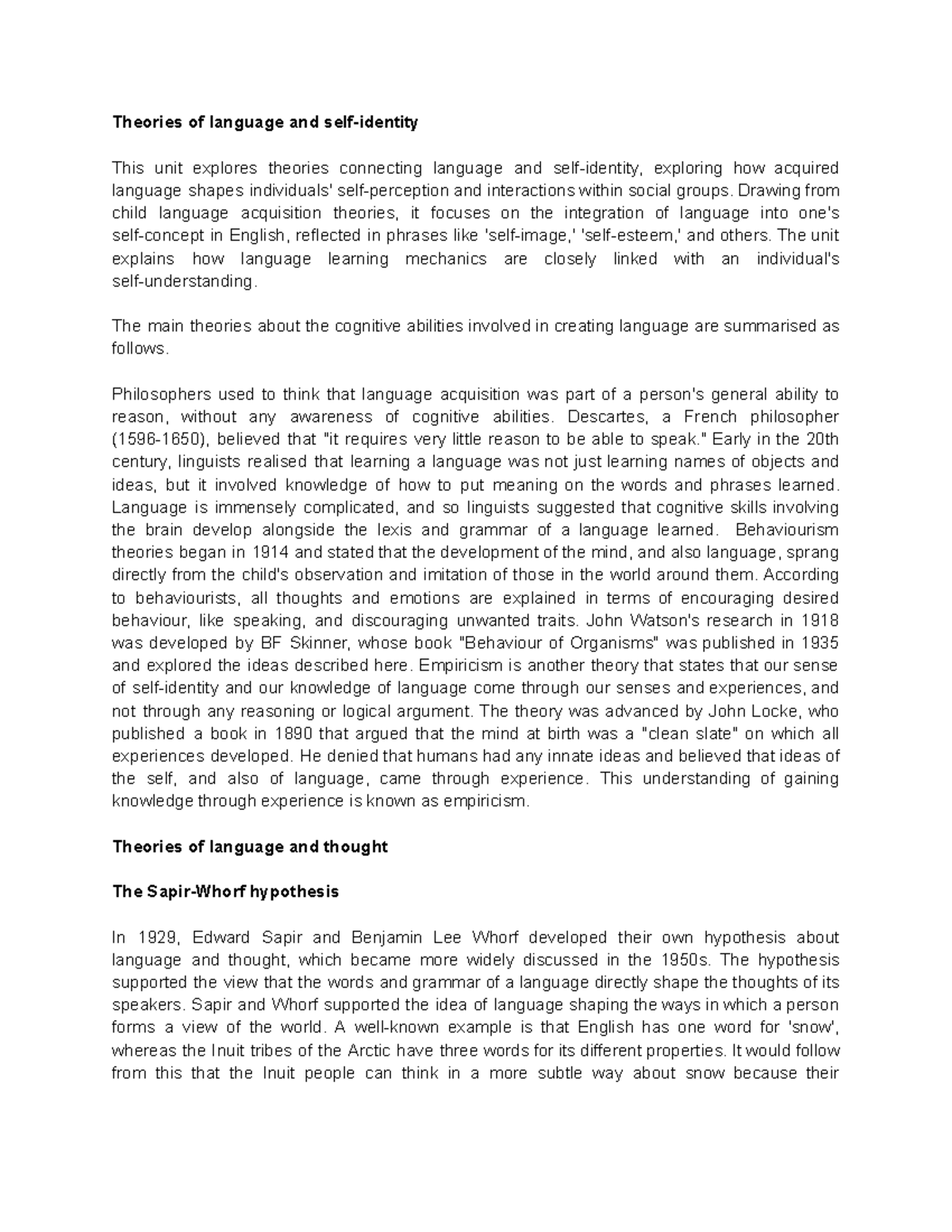 Theories of language and self- identity - Theories of language and self ...