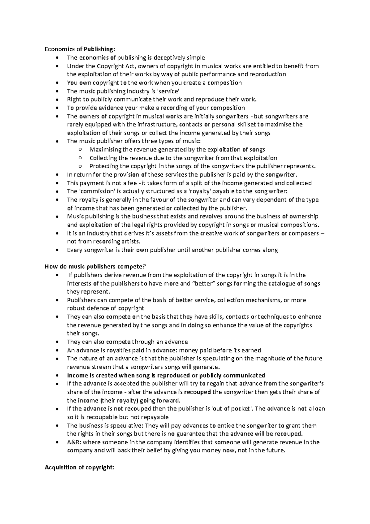 BOM Lecture 2 notes - Economics of Publishing: - The economics of ...