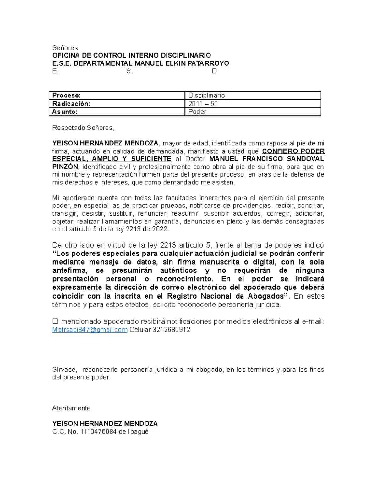 Modelo Poder Especial - Señores OFICINA DE CONTROL INTERNO ...