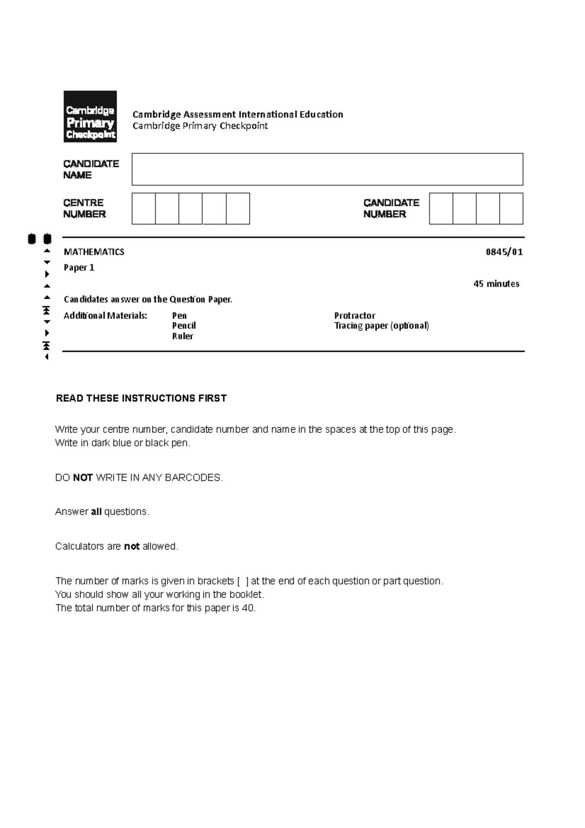 Cambridge Primary Checkpoint Mathematics 0845 October 2019 Paper 1 ...