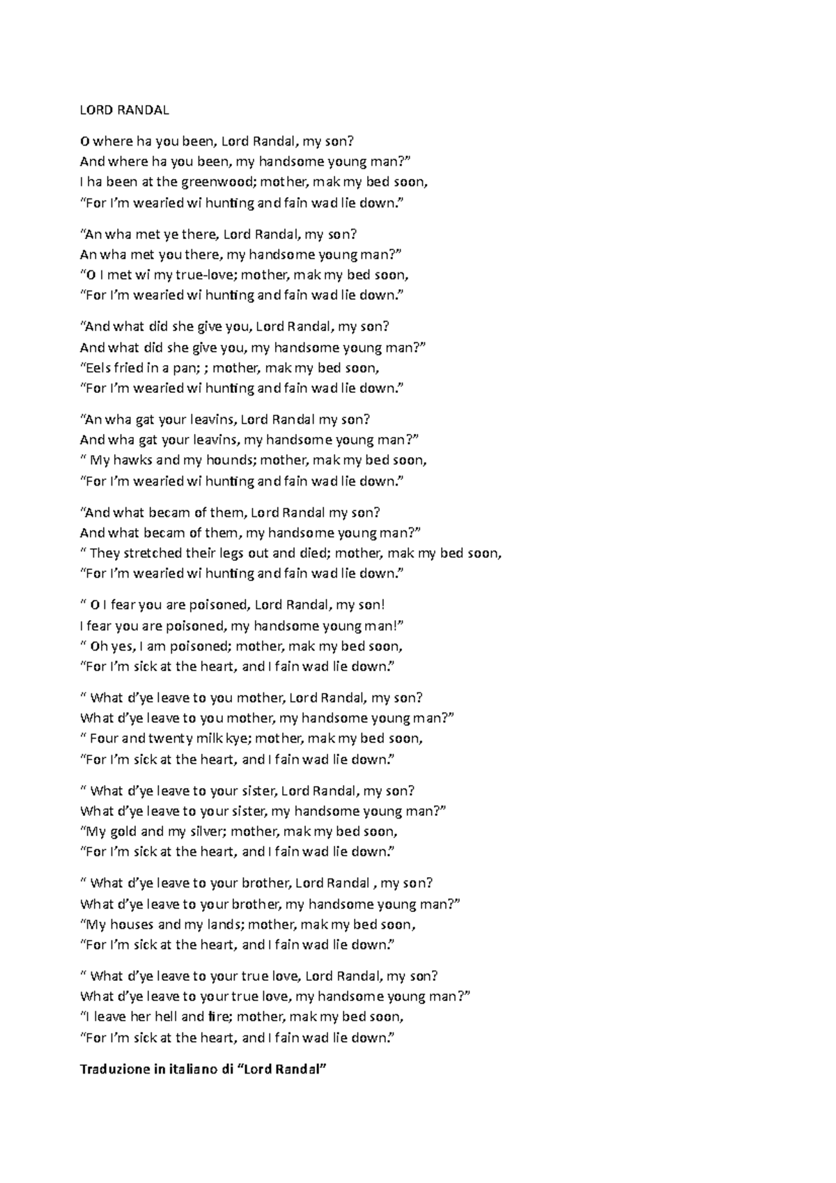LORD Randal - analisi - LORD RANDAL O where ha you been, Lord Randal ...
