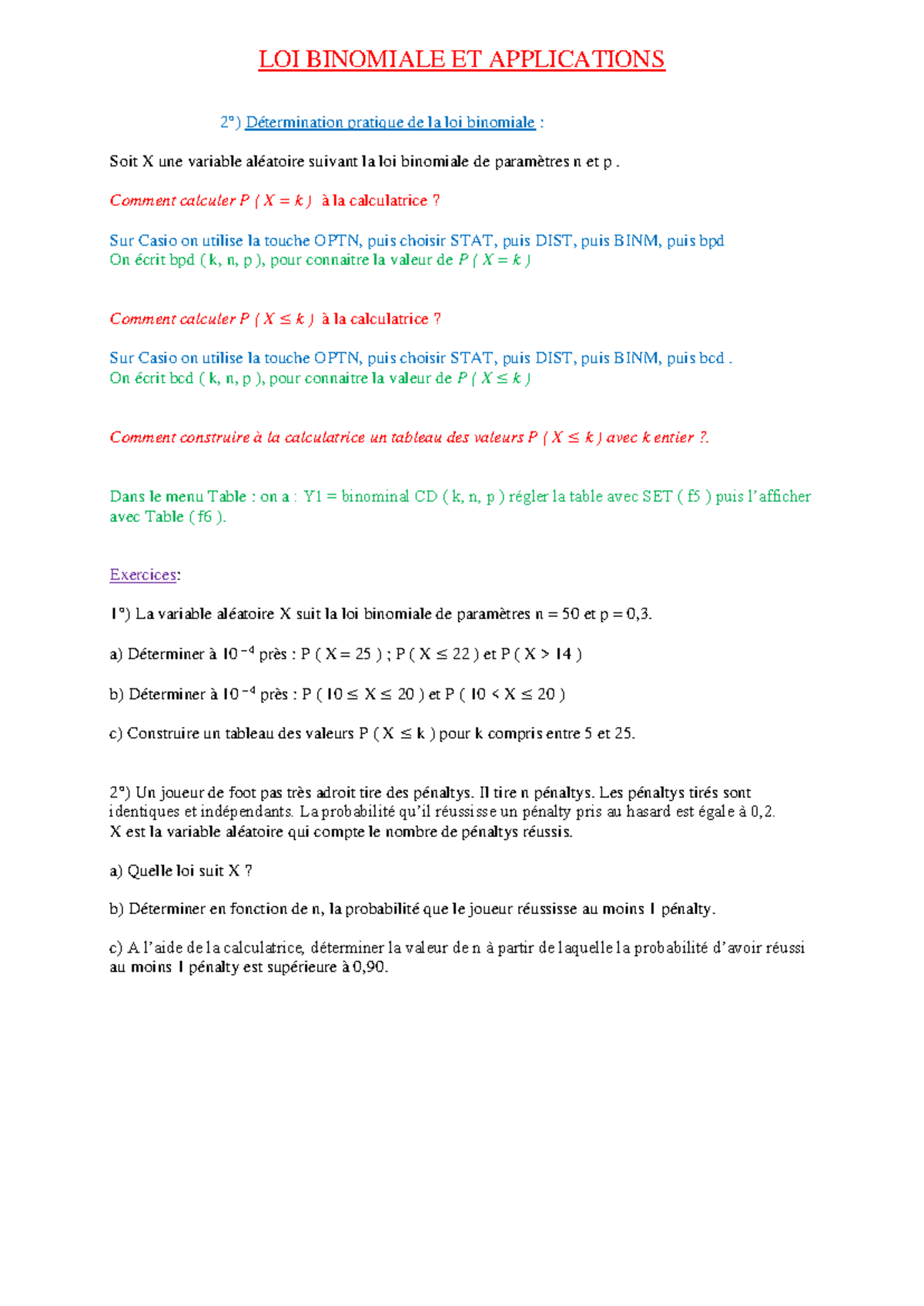 Leçon 5 loi binomiale et exos corrigés - LOI BINOMIALE ET APPLICATIONS ...