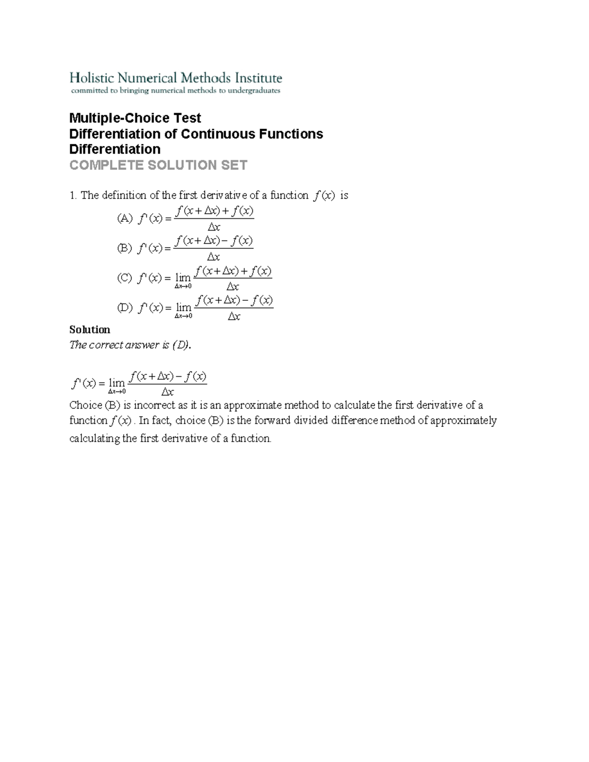 Quiz 02dif continuous solution - Multiple-Choice Test Differentiation ...