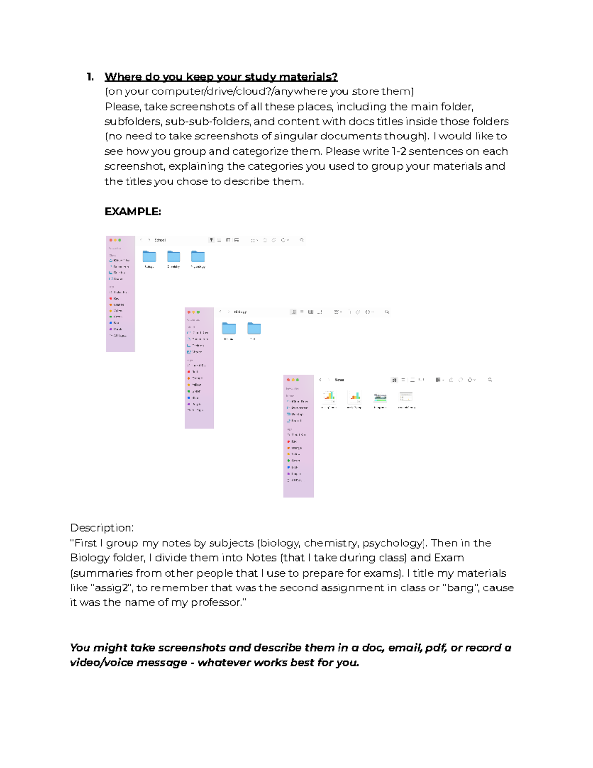 Diary study - instruction - 1. Where do you keep your study materials ...