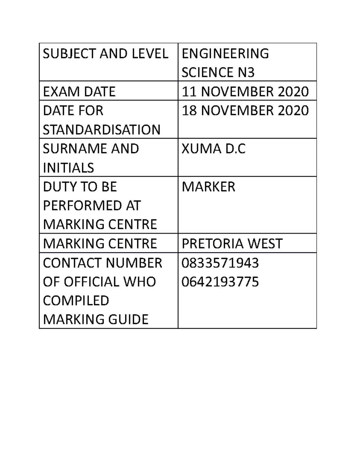 Marking Guide OF Engineering Science N3 - SUBJECT AND LEVEL ENGINEERING ...