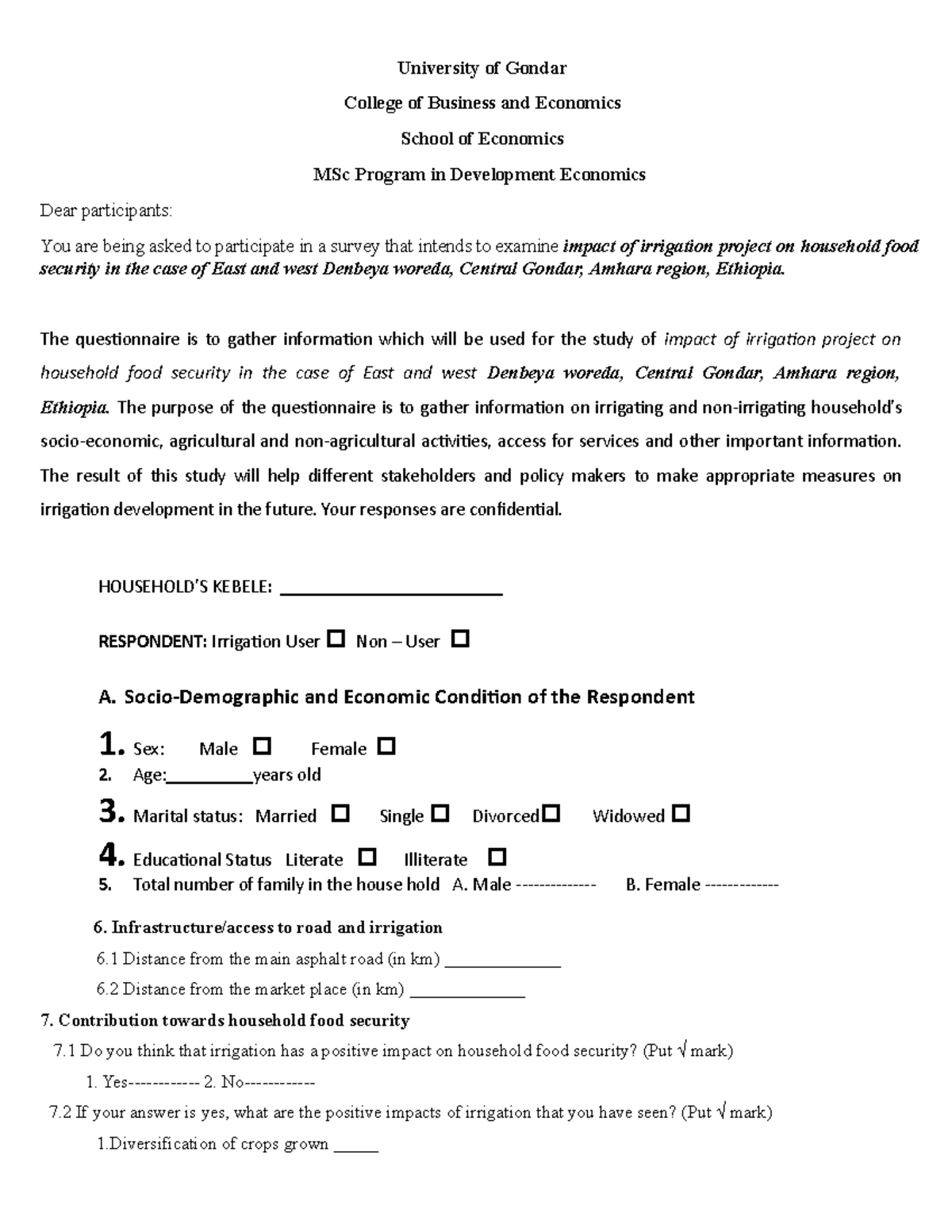 Questionnaire 1 - cvb - University of Gondar College of Business and ...