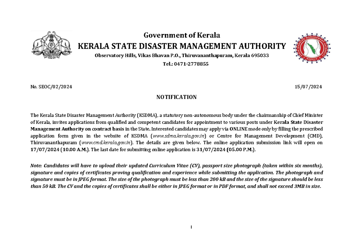 Ksdma-Notification-2024 - Government of Kerala KERALA STATE DISASTER ...