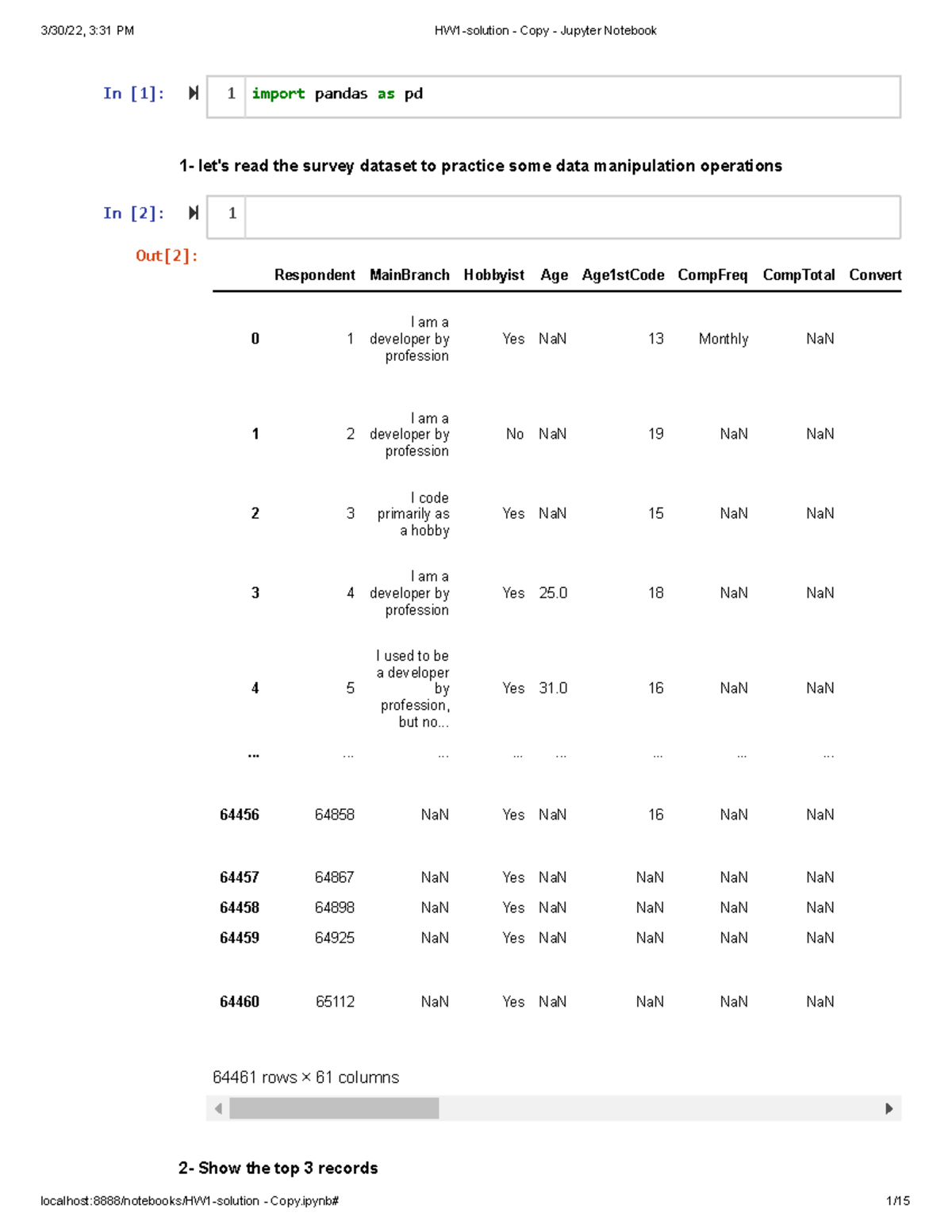 HW1-code outcomes - dfghj - In [1]: 1- let's read the survey dataset to practice some data - Studocu