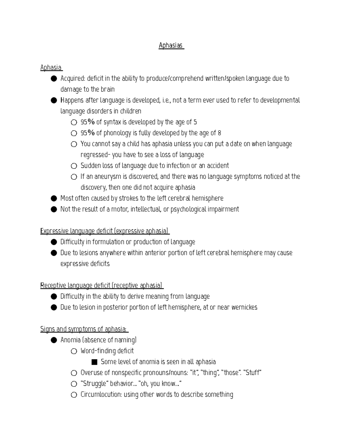 Exam 2 study guide-2 - Aphasias Aphasia Acquired: deficit in the ...