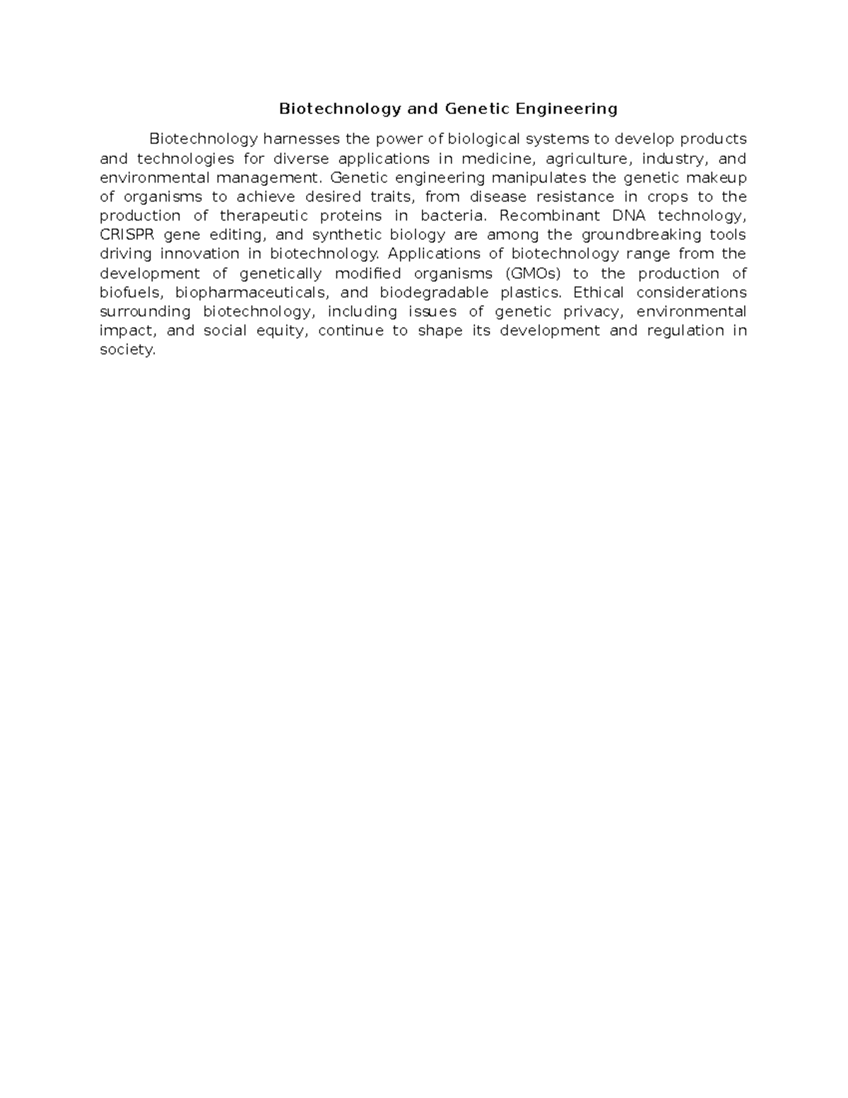 Biotechnology and Genetic Engineering - Biotechnology and Genetic ...