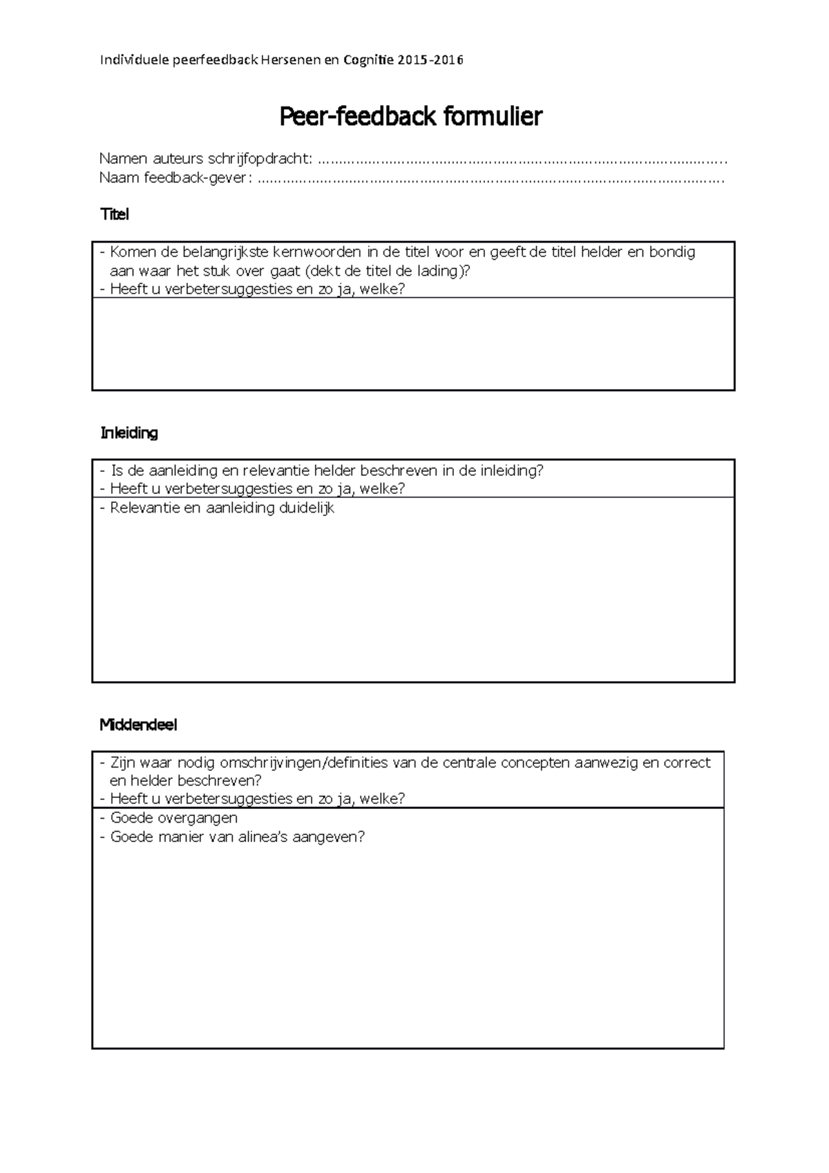 Individuele peerfeedback 1 - Peer-feedback formulier Namen auteurs ...