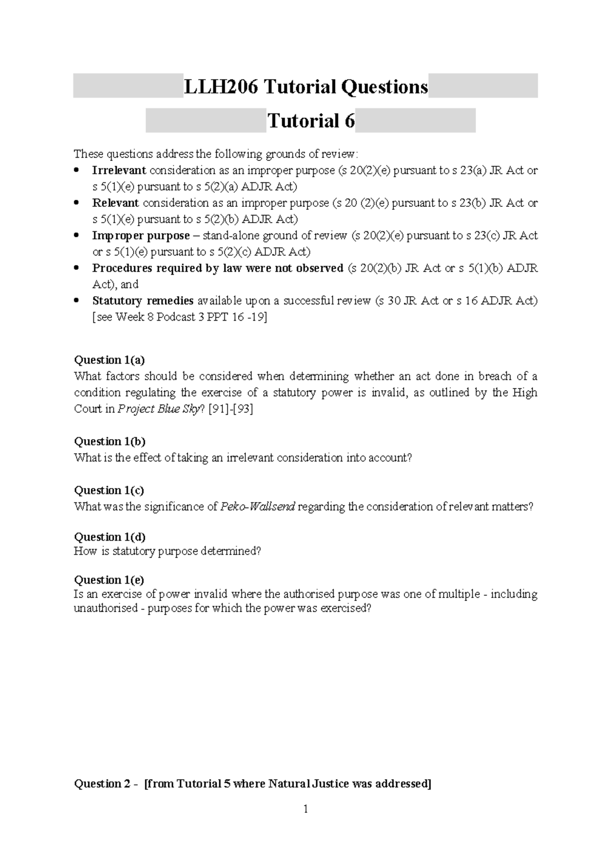 LLH206 Tutorial 6 Student Questions 0224 - LLH206 Tutorial Questions Tutorial 6 These questions ...