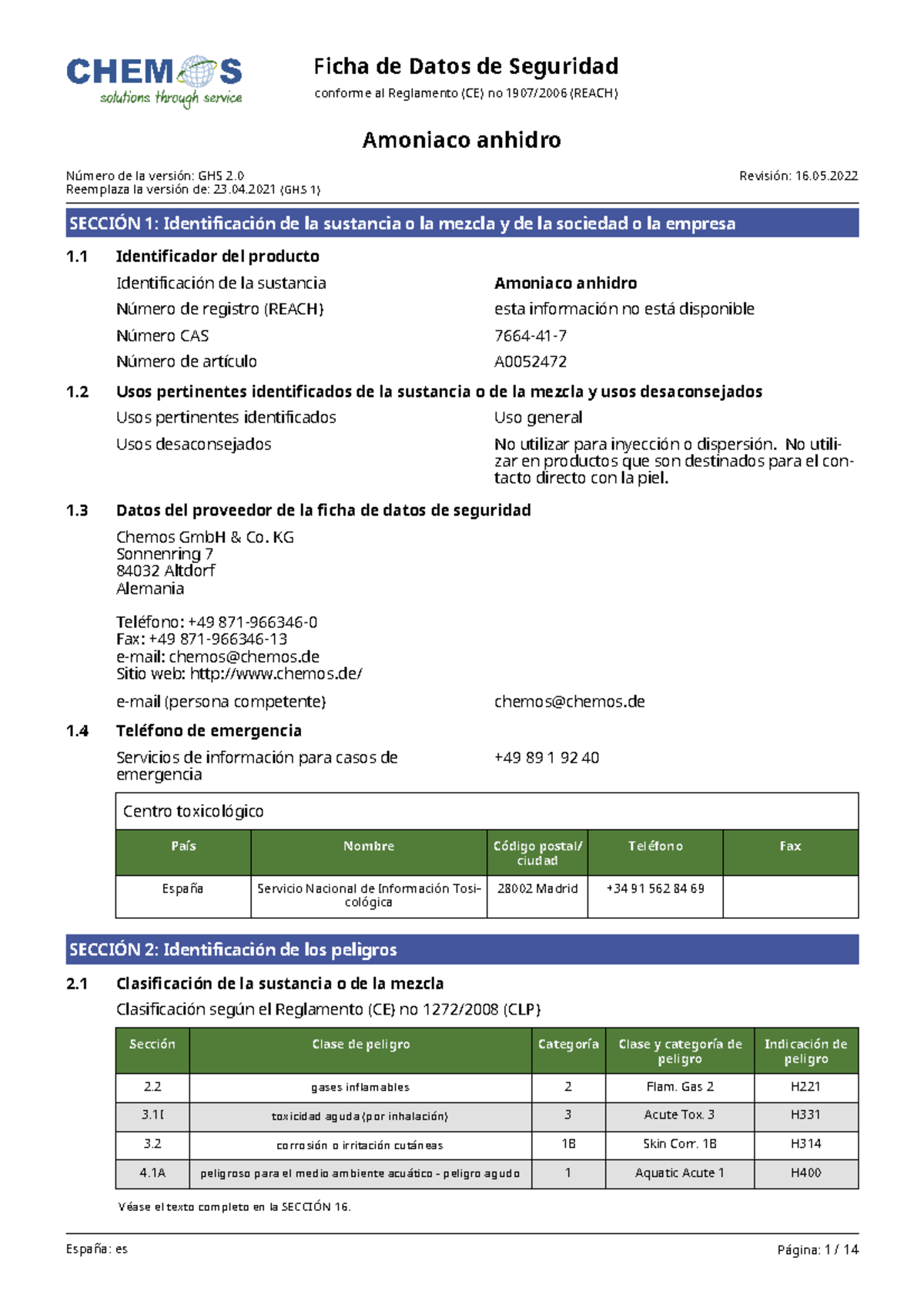 Amoniaco Anhidro Chemos Hoja de Seguridad - SECCIÓN 1: Identificación ...