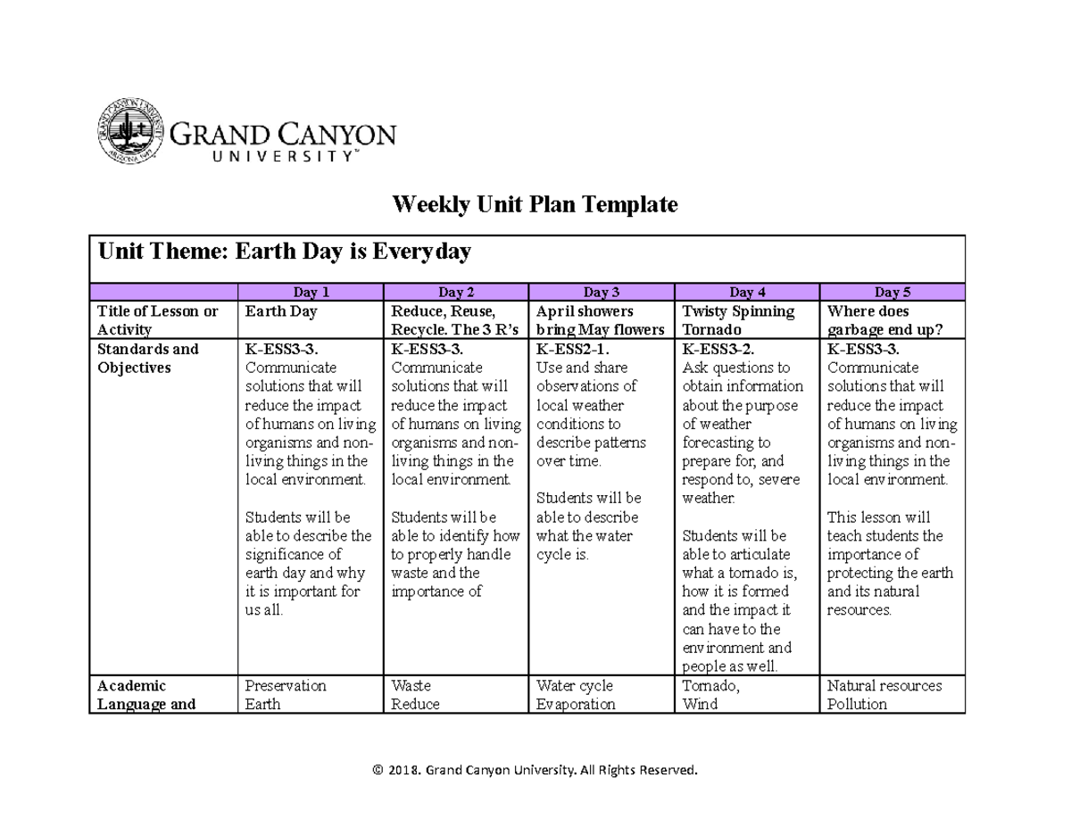 Benchmark – Weekly Unit Plan - Weekly Unit Plan Template Unit Theme ...