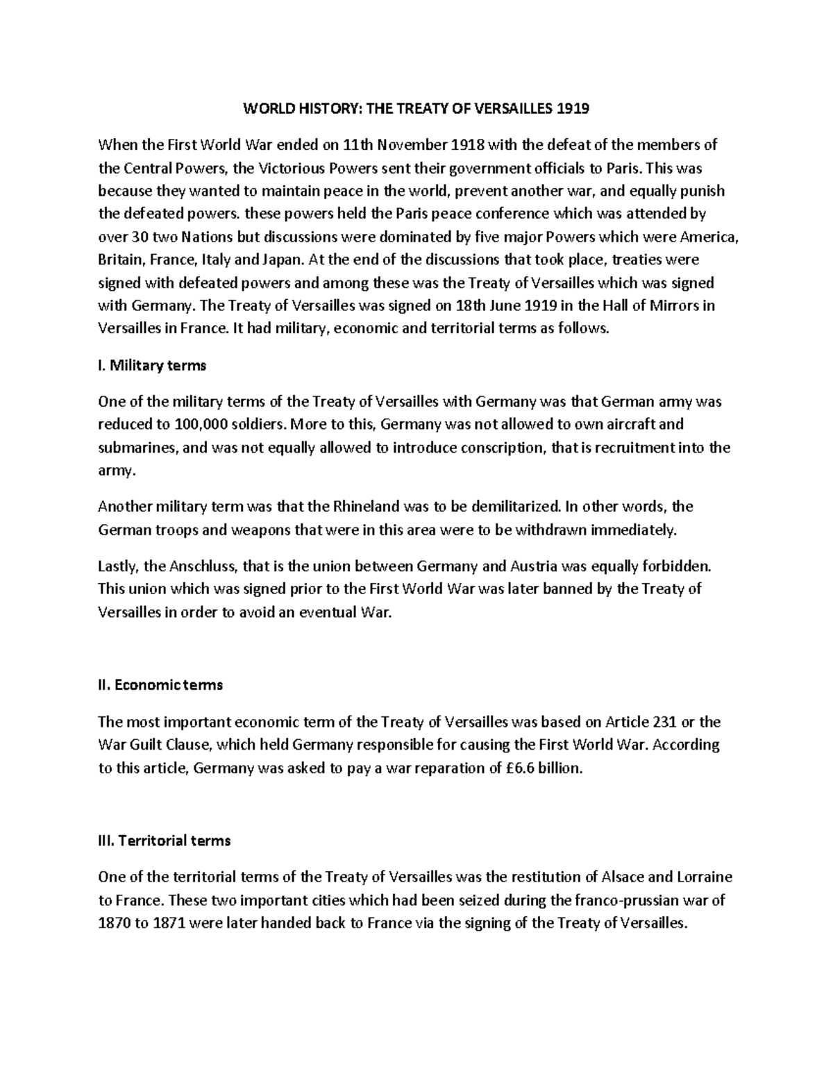 THE Treaty OF Versailles - WORLD HISTORY: THE TREATY OF VERSAILLES 1919 ...