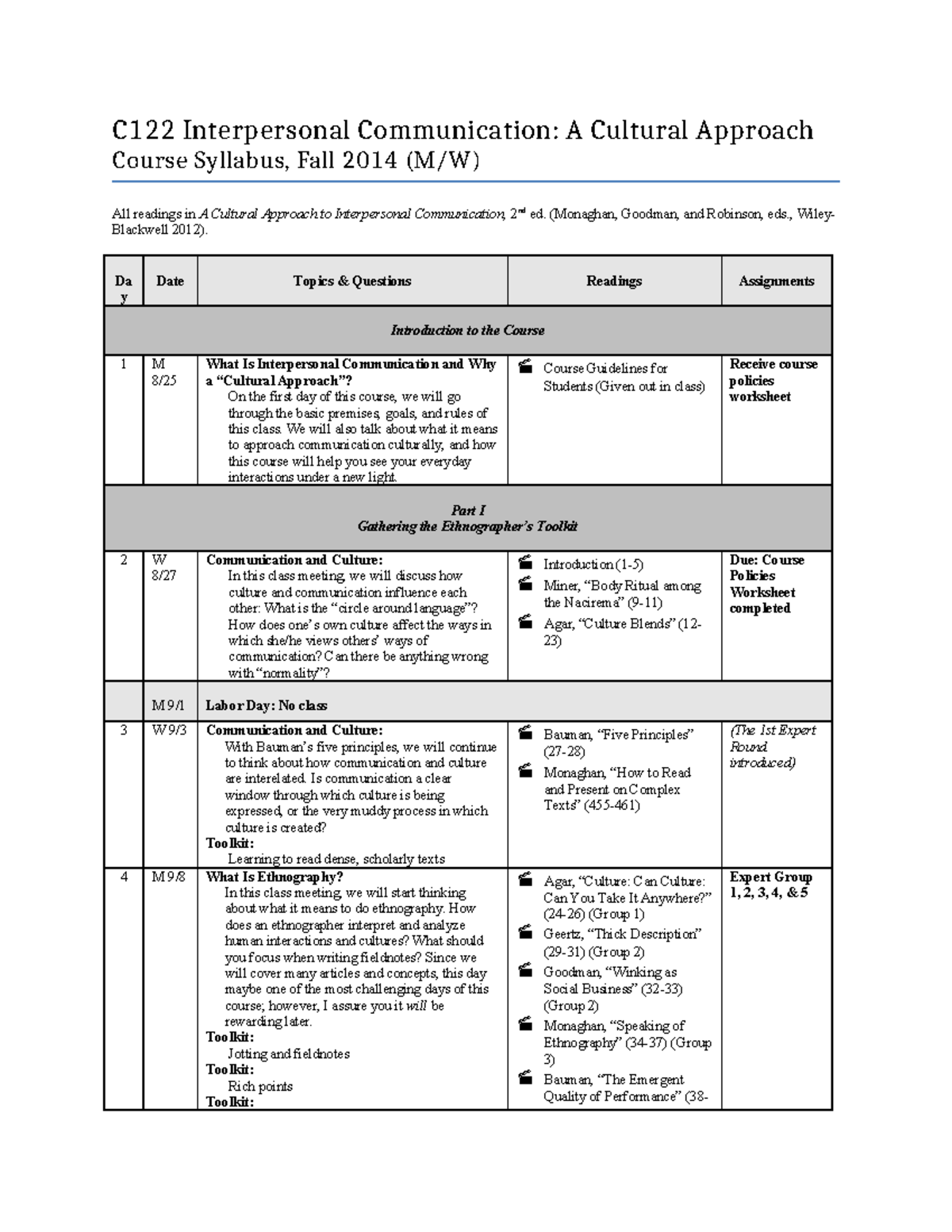 C122 Syllabus Fall 2014 - C122 Interpersonal Communication: A Cultural Approach Course Syllabus ...