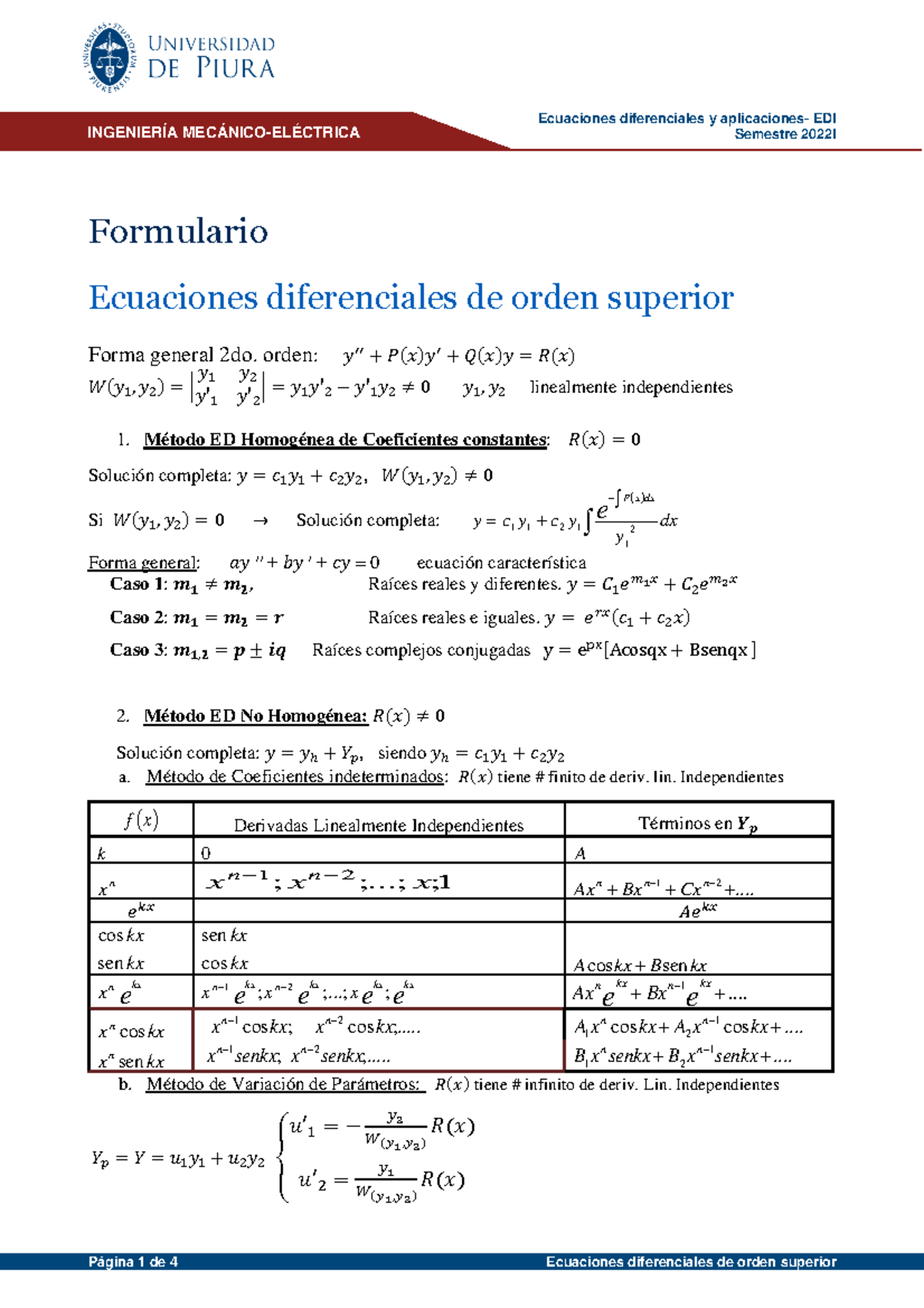 Formulario EDO orden superior 2022I - Ecuaciones diferenciales y aplicaciones- EDI Semestre ...