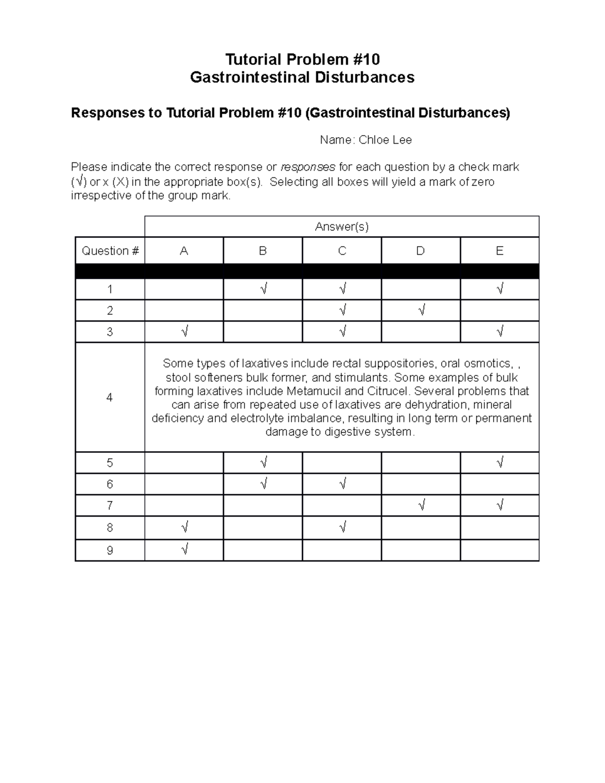 Tutorial Problem #10 - GI MCQ Submission Sheet - Tutorial Problem ...
