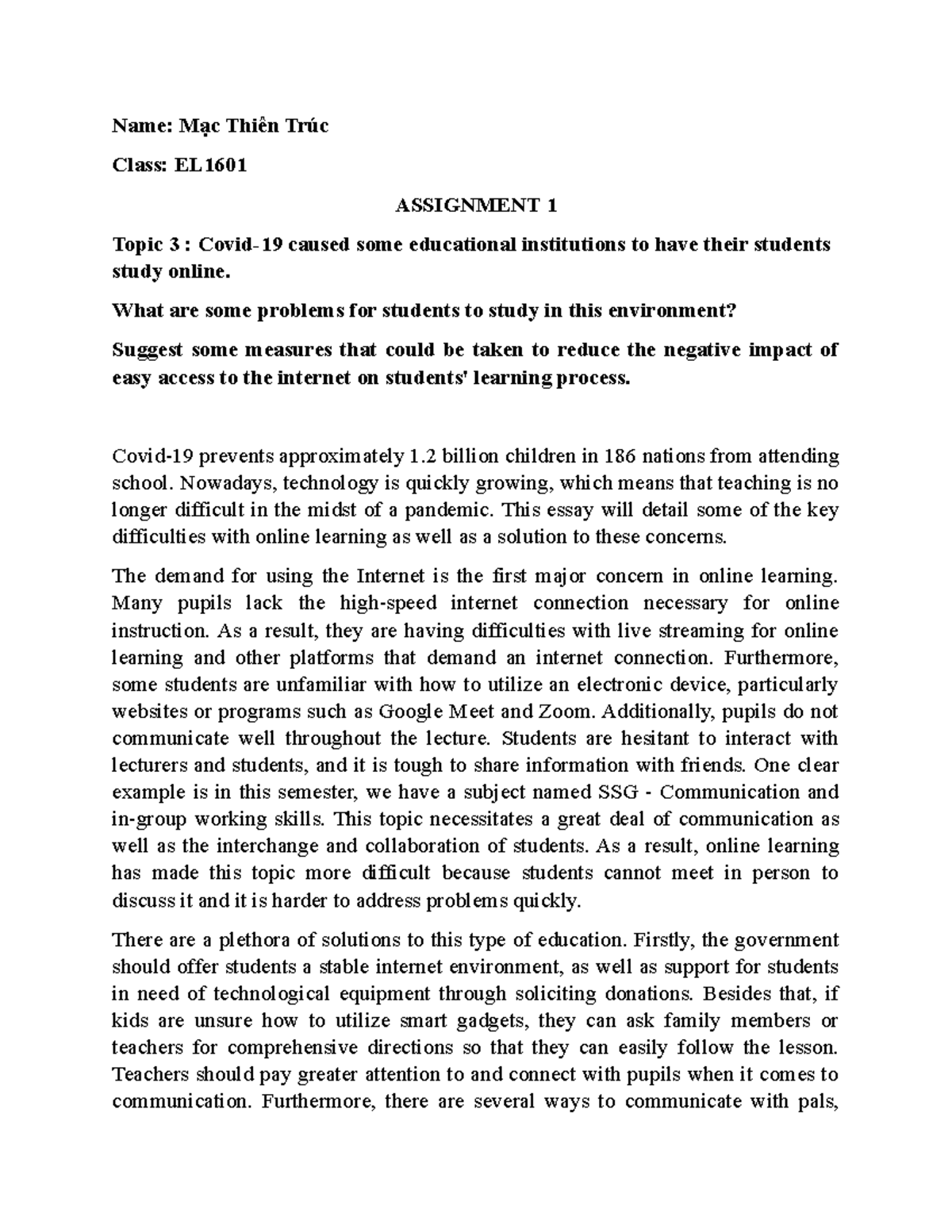 Assignment 1 Problem-solution essay - Name: Mạc Thiên Trúc Class: EL ASSIGNMENT 1 Topic 3 ...