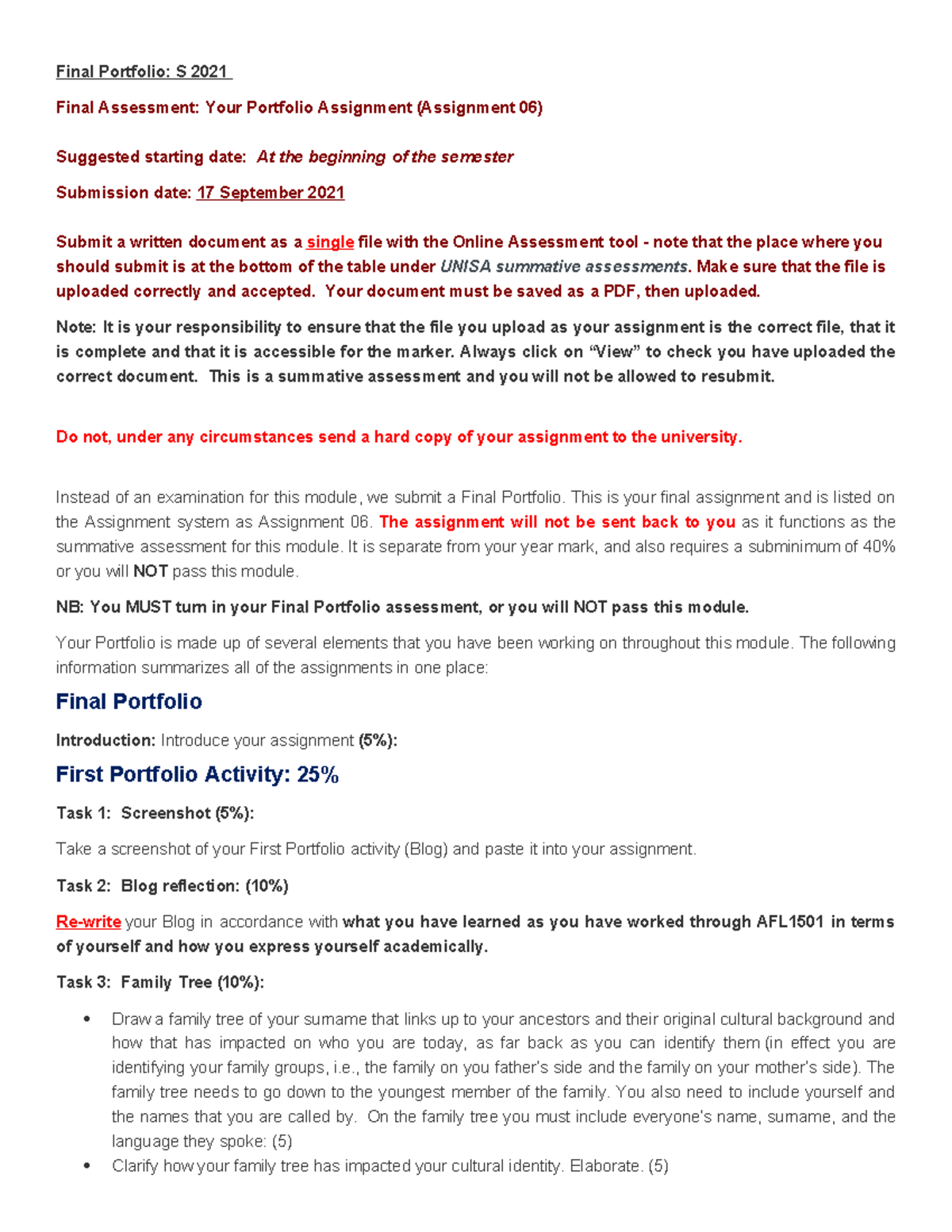 AFL1501 2021 Final Portfolio 20 July 20 - Final Portfolio: S 2021 Final ...