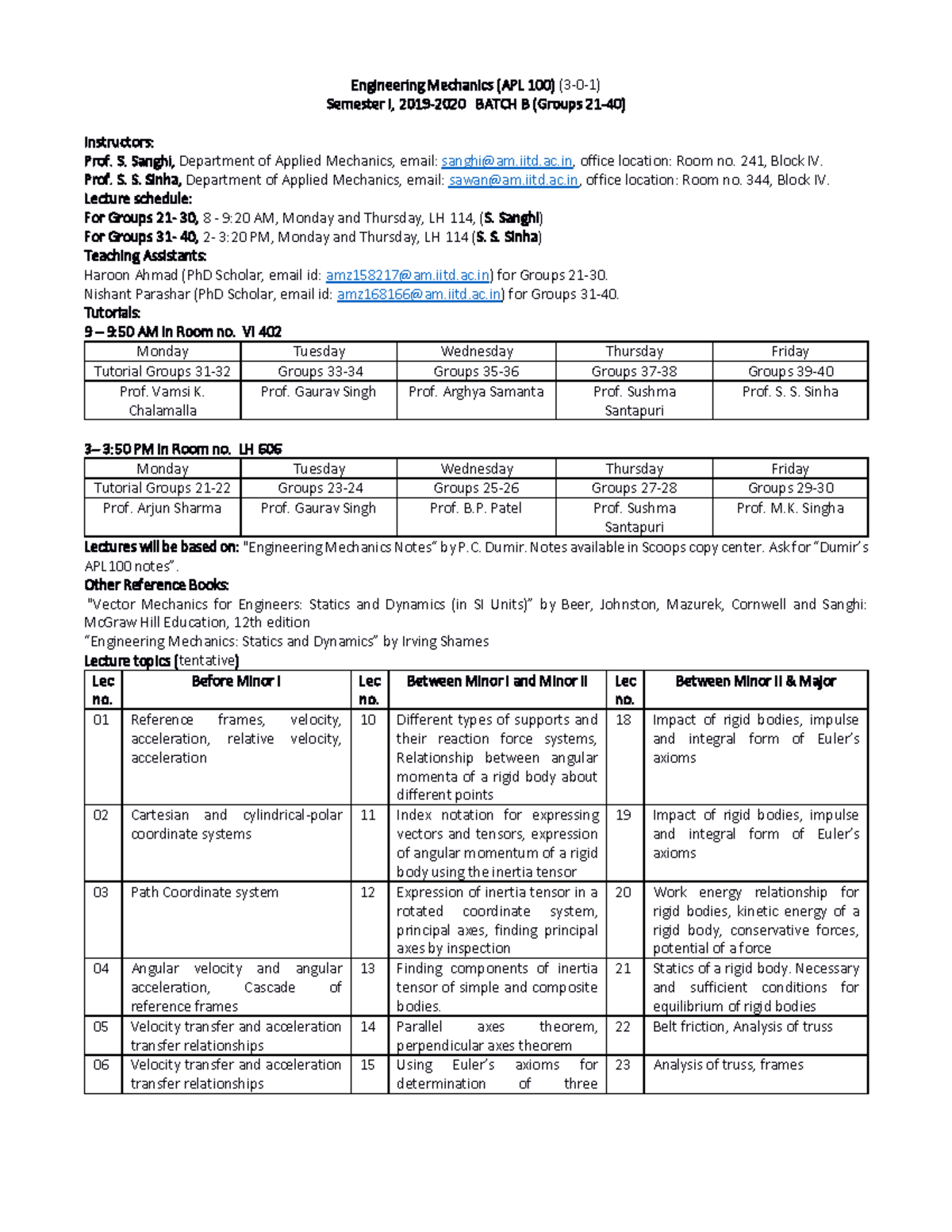 APL100 course plan - Plan - Engineering Mechanics (APL 100 ) (3-0-1 ...