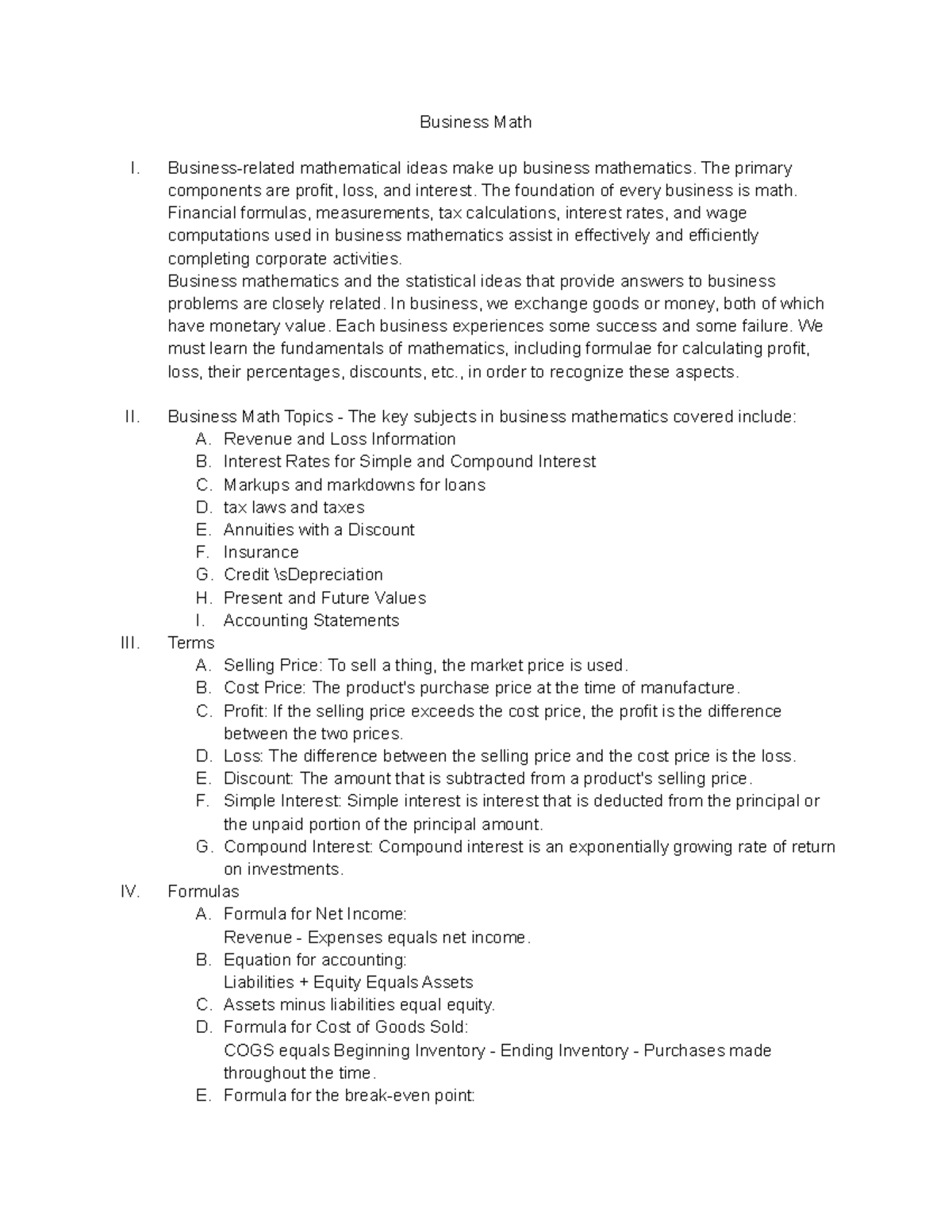 Business Math Notes - Business Math I. Business-related mathematical ...