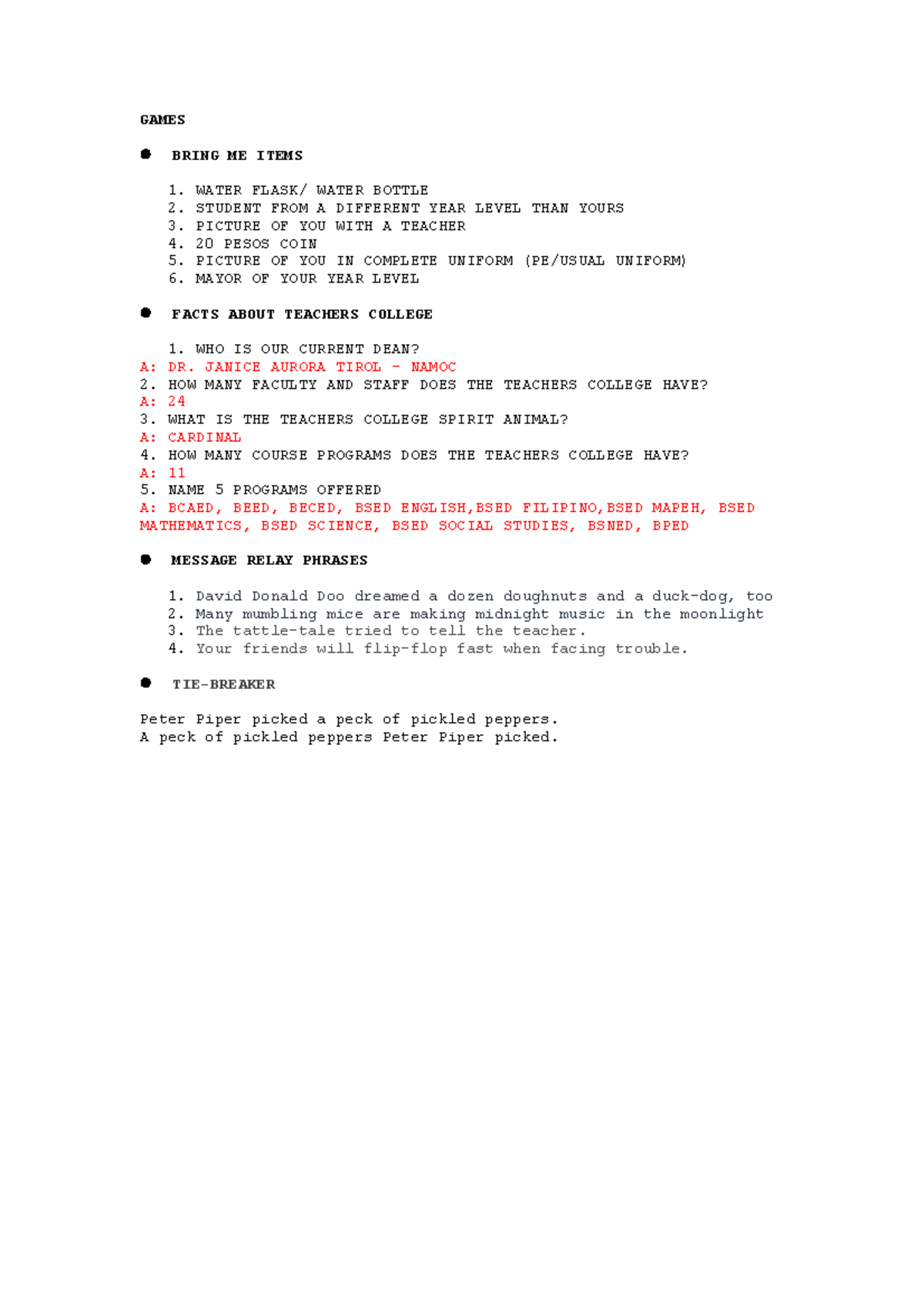 Games - Yes - GAMES BRING ME ITEMS 1. WATER FLASK/ WATER BOTTLE 2 ...