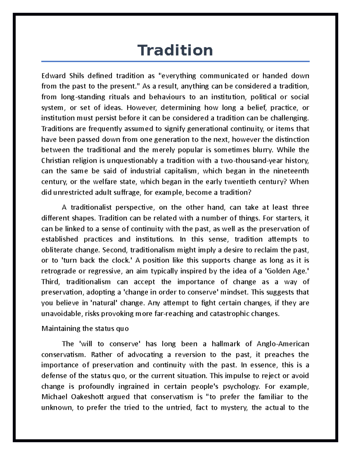 Brief Note on Tradition - Political Theory - Studocu